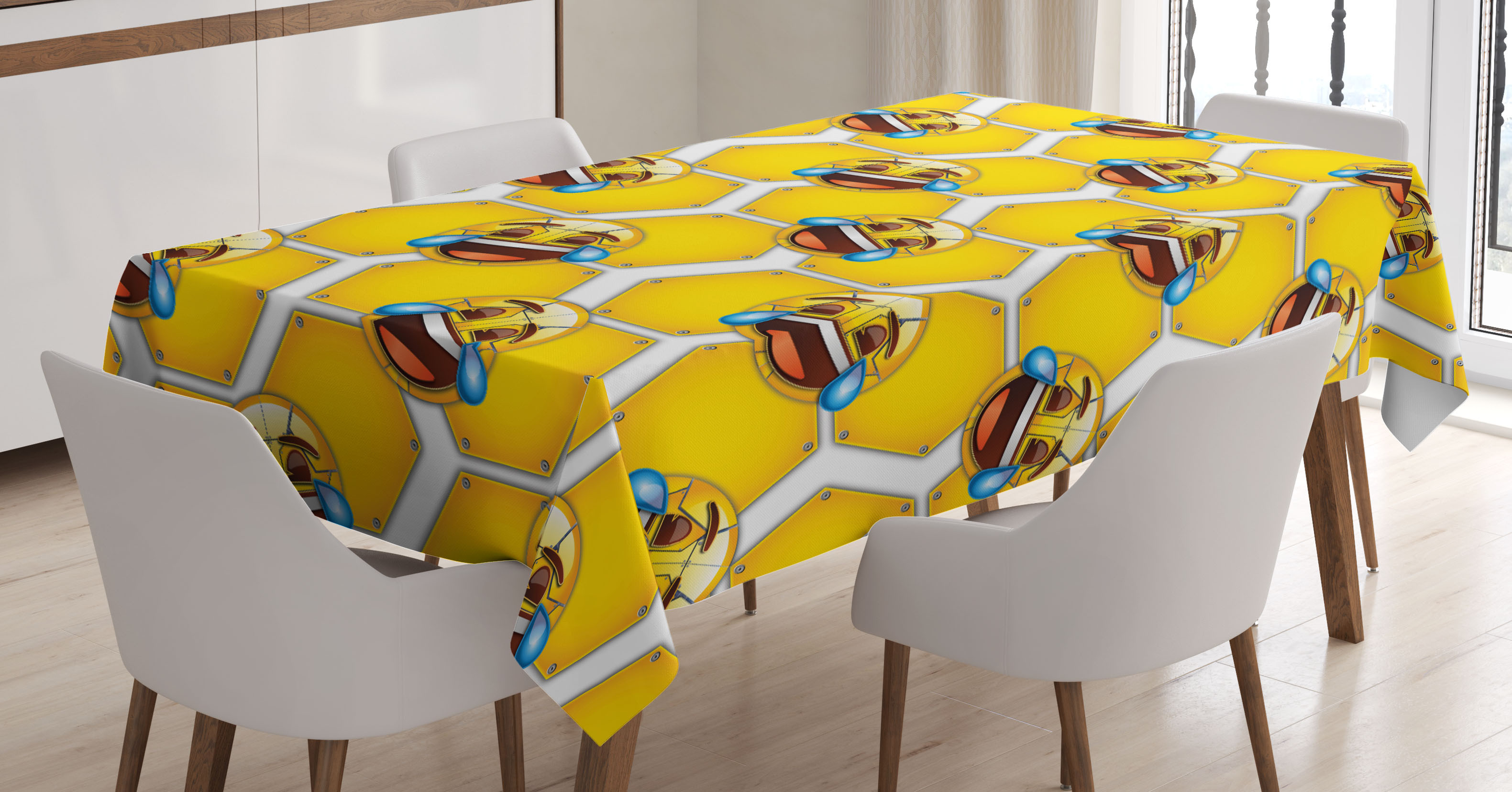Laughing Emoji Tablecloth, Futuristic Beehive Shapes Robot Funny Face ...