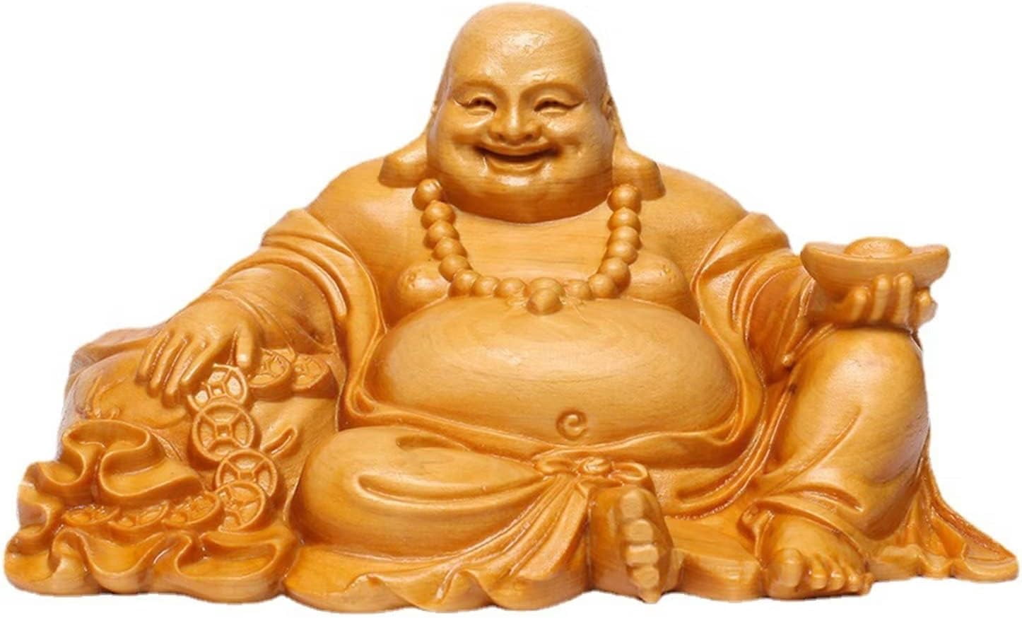 Laughing Holding Ingot Statue,Hand -Carved Solid Wood Happy Home Office ...