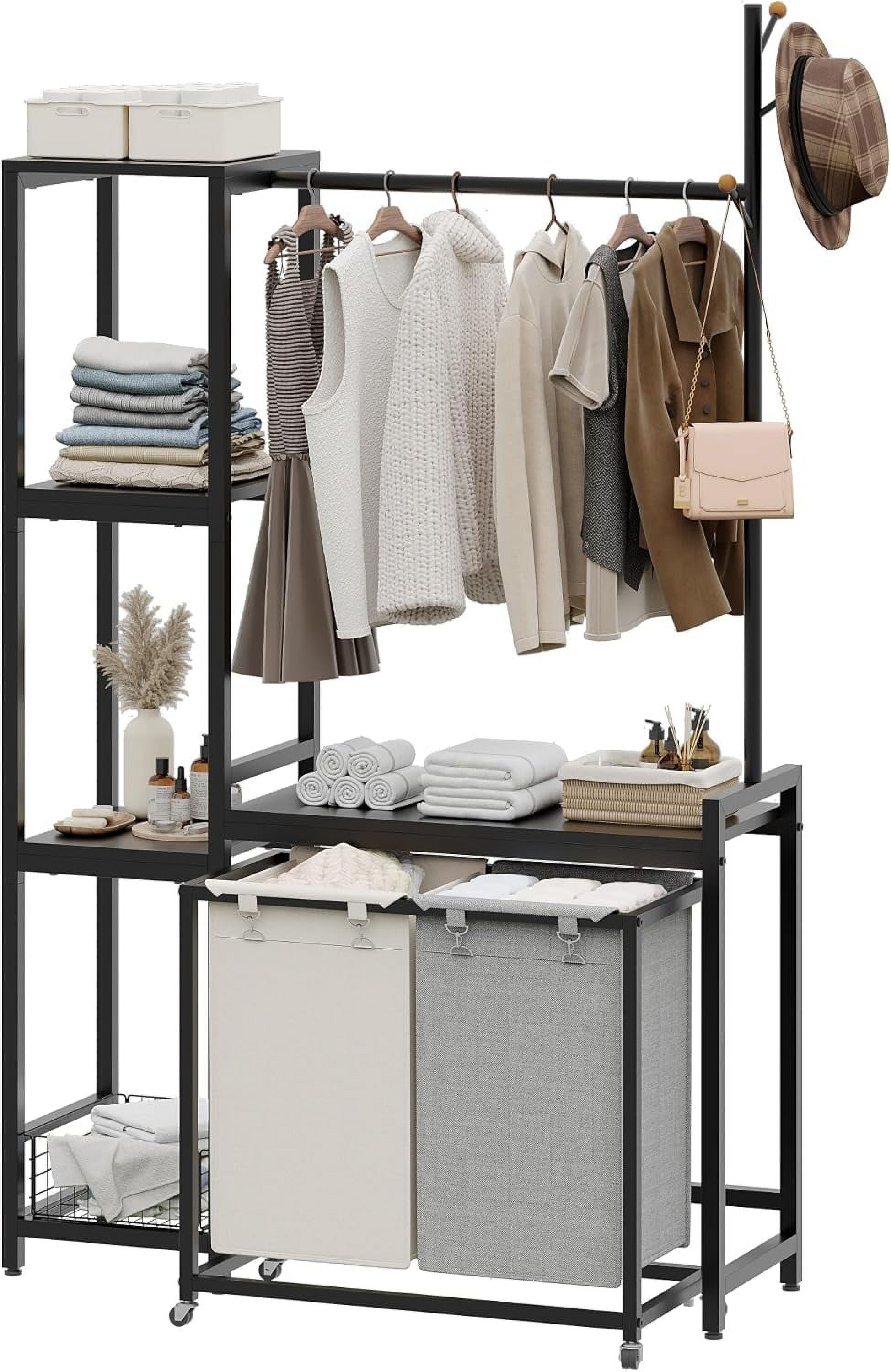 Laundry Basket, 2 Section Laundry Hamper with Shelf, Clothes Rack with ...