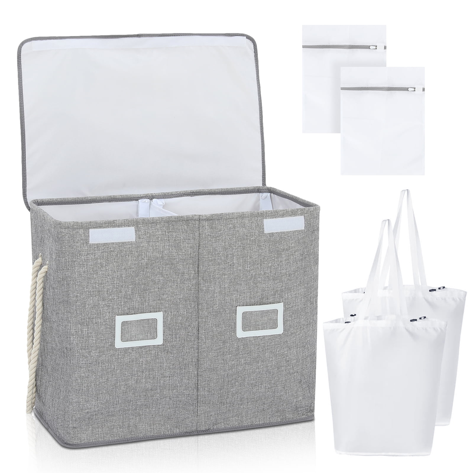 Large 96L Collapsible Linen Laundry Hamper with Lid, Rope Handles, and ...
