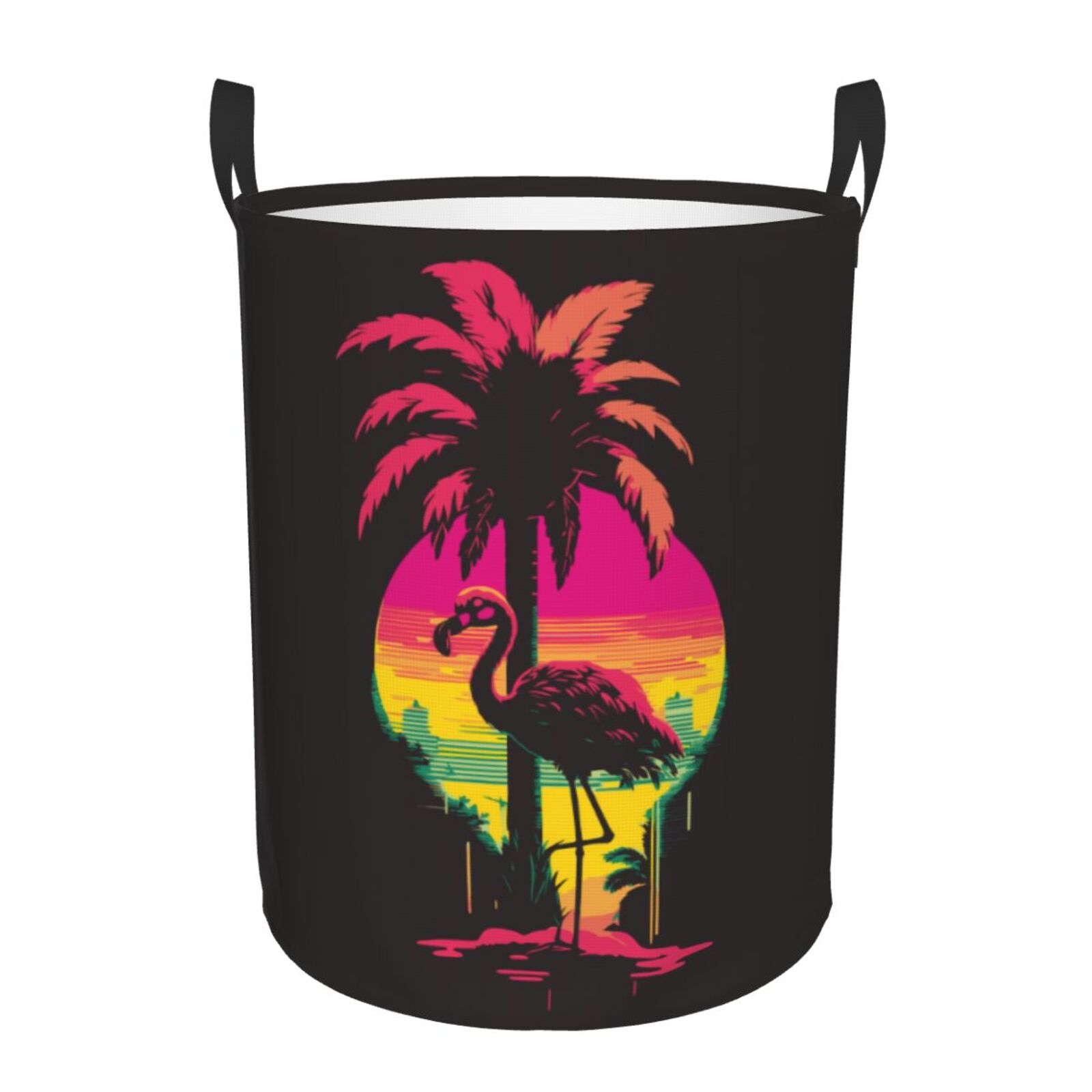 Laundry Basket, Flamingo And Palm Trees At Sunset Laundry Hamper ...