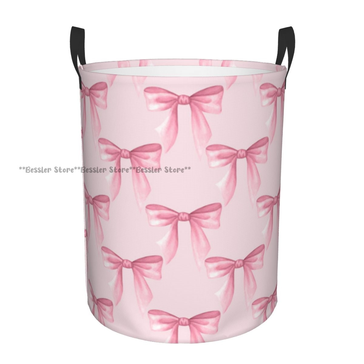 Laundry Basket Girly Pink Bow Round Storage Bin Collapsible Hamper ...