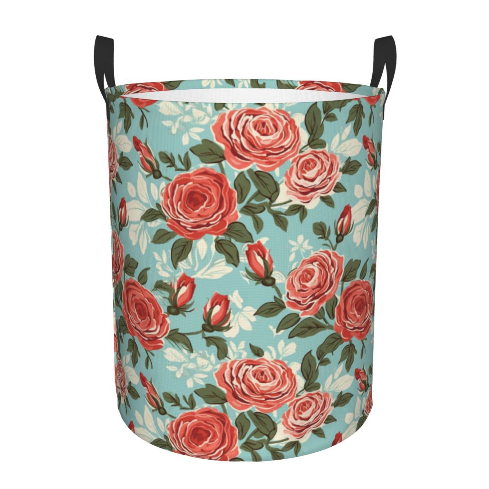 Laundry Basket, Green White Leaves Rose Flowers Waterproof Laundry ...