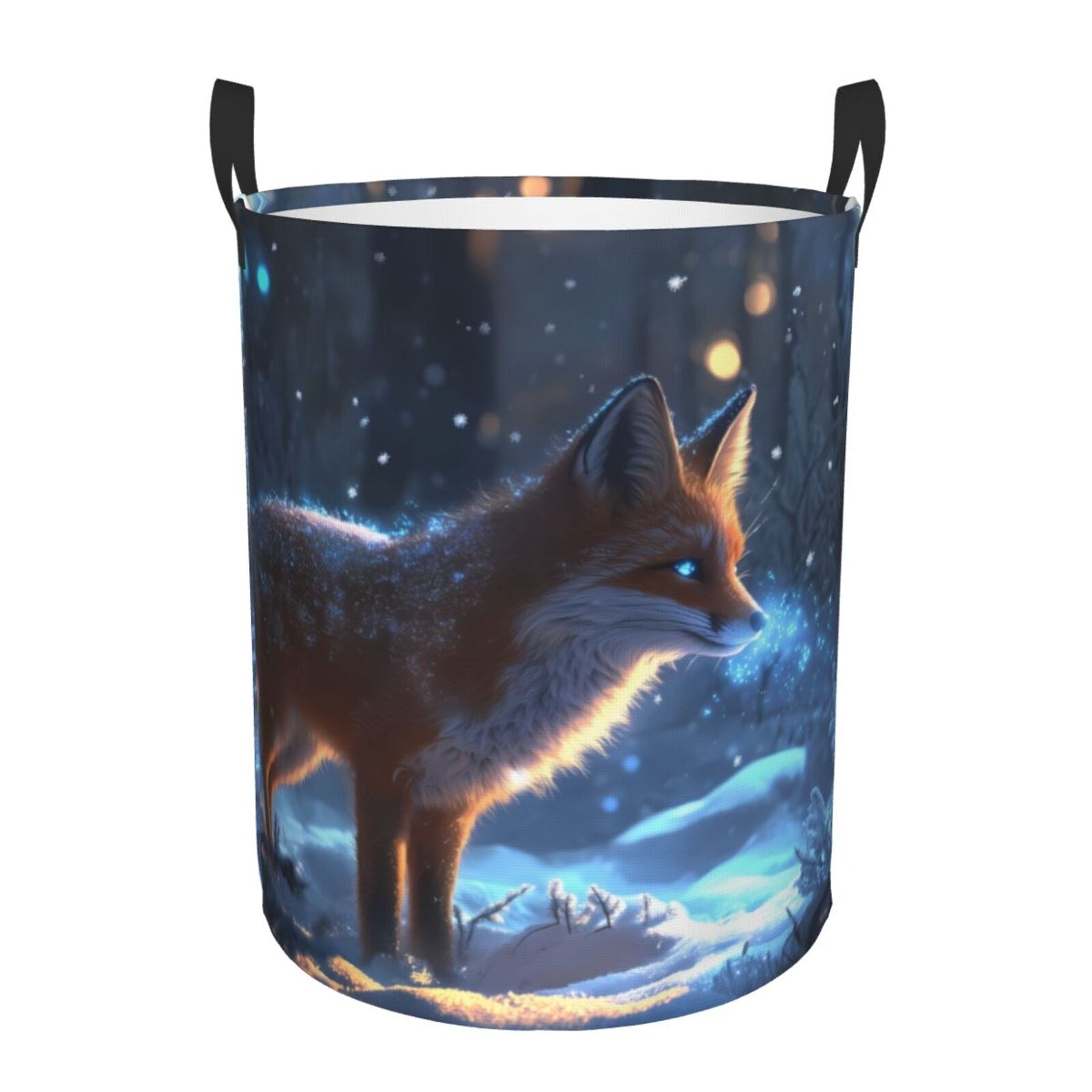 Laundry Basket with Handles - Glowing Winter Arctic Fox a Freestanding ...