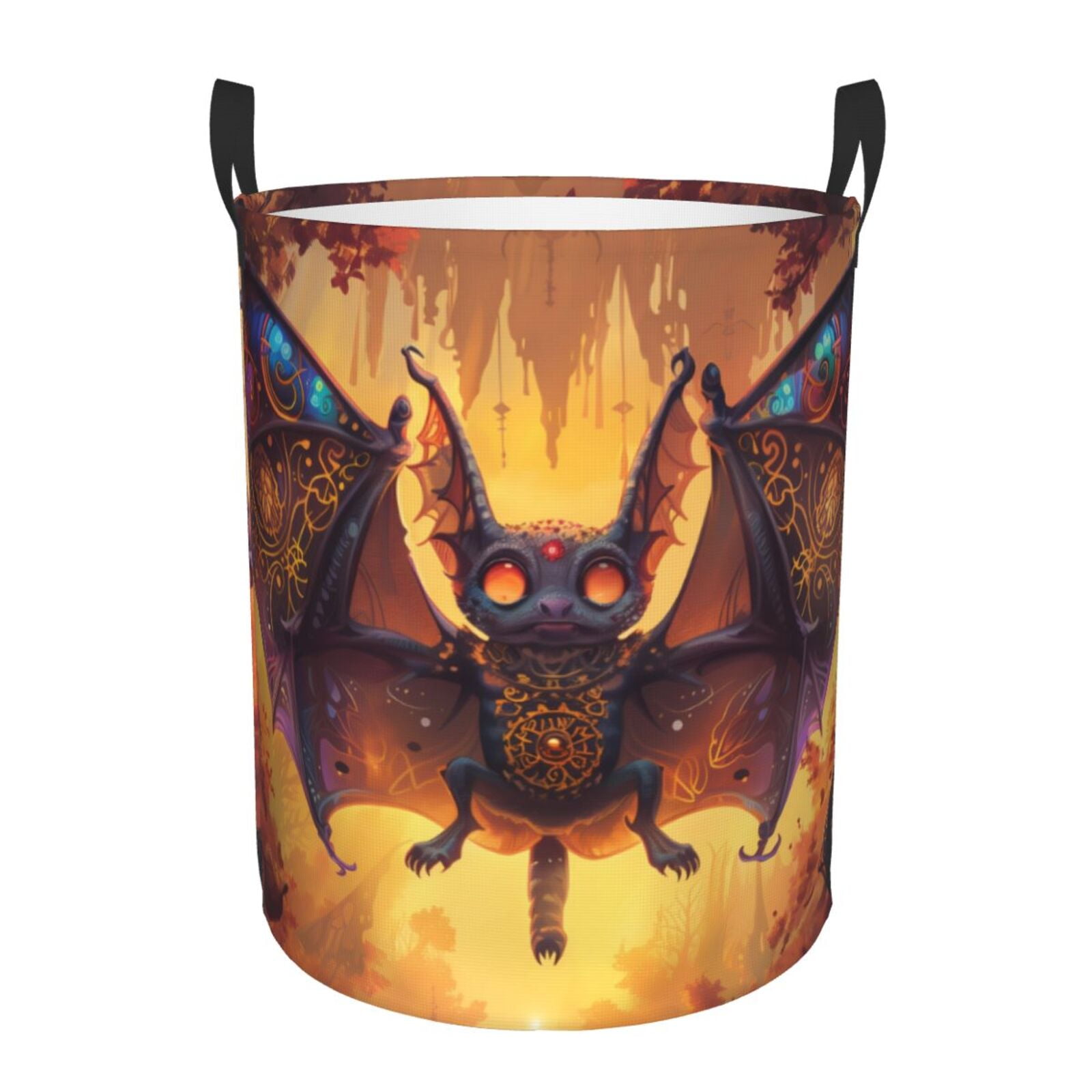 Laundry Basket with Handles - Halloween Colorful Bat Freestanding ...