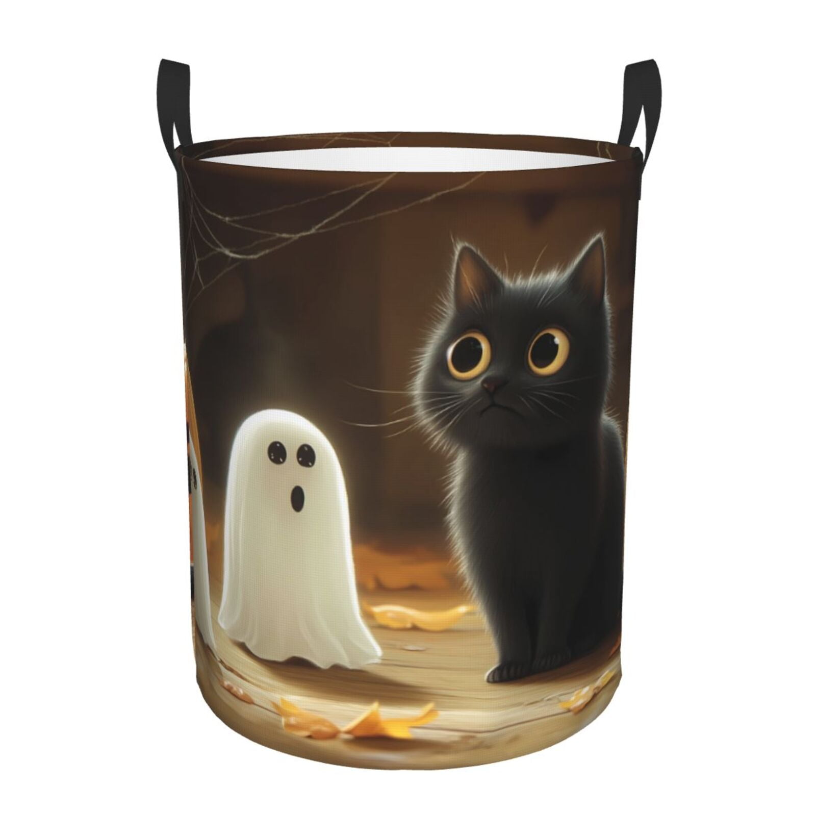 Laundry Basket with Handles - Halloween Cute Black Cat Ghost A ...