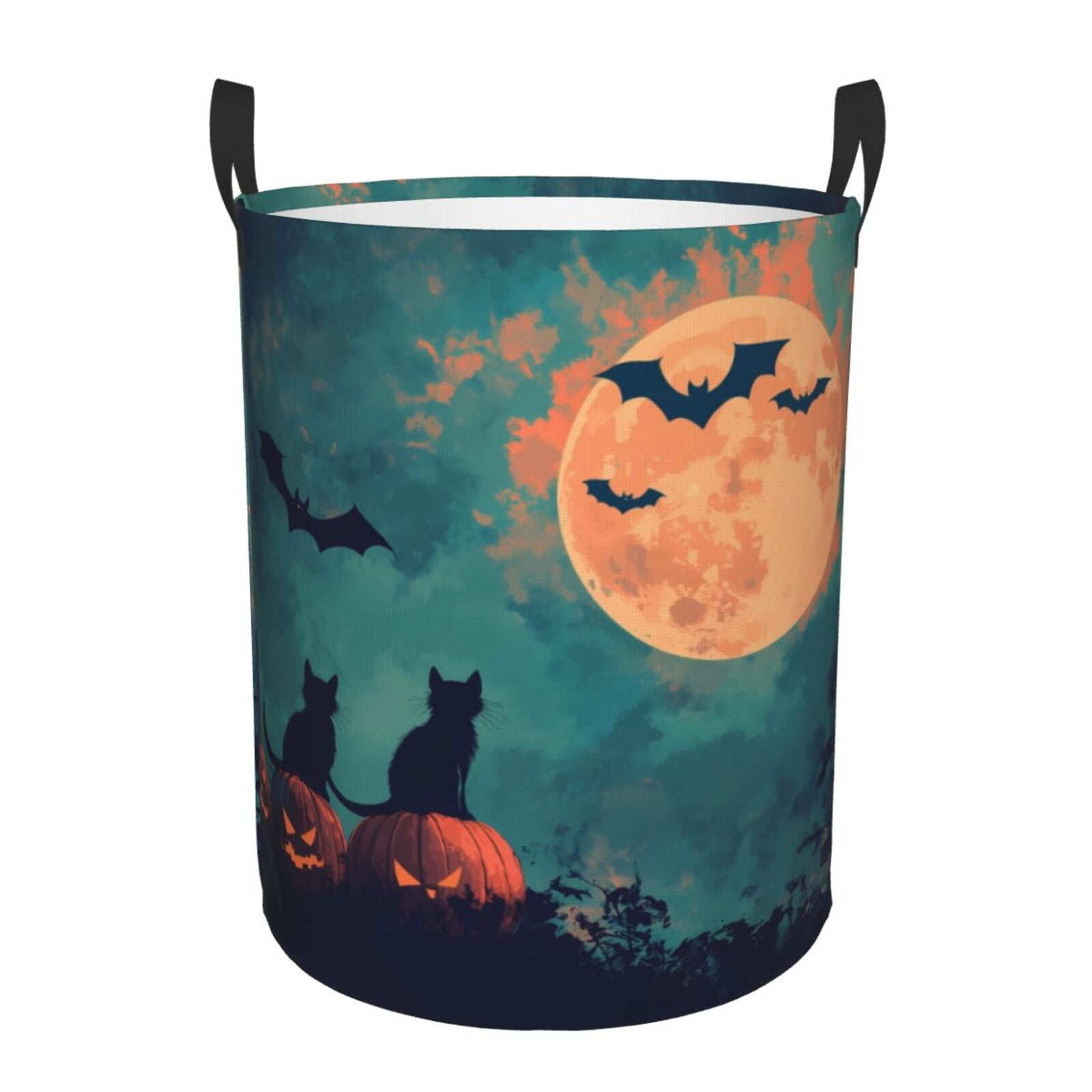 Laundry Basket with Handles - Halloween Night Sky Black Cat Bat ...