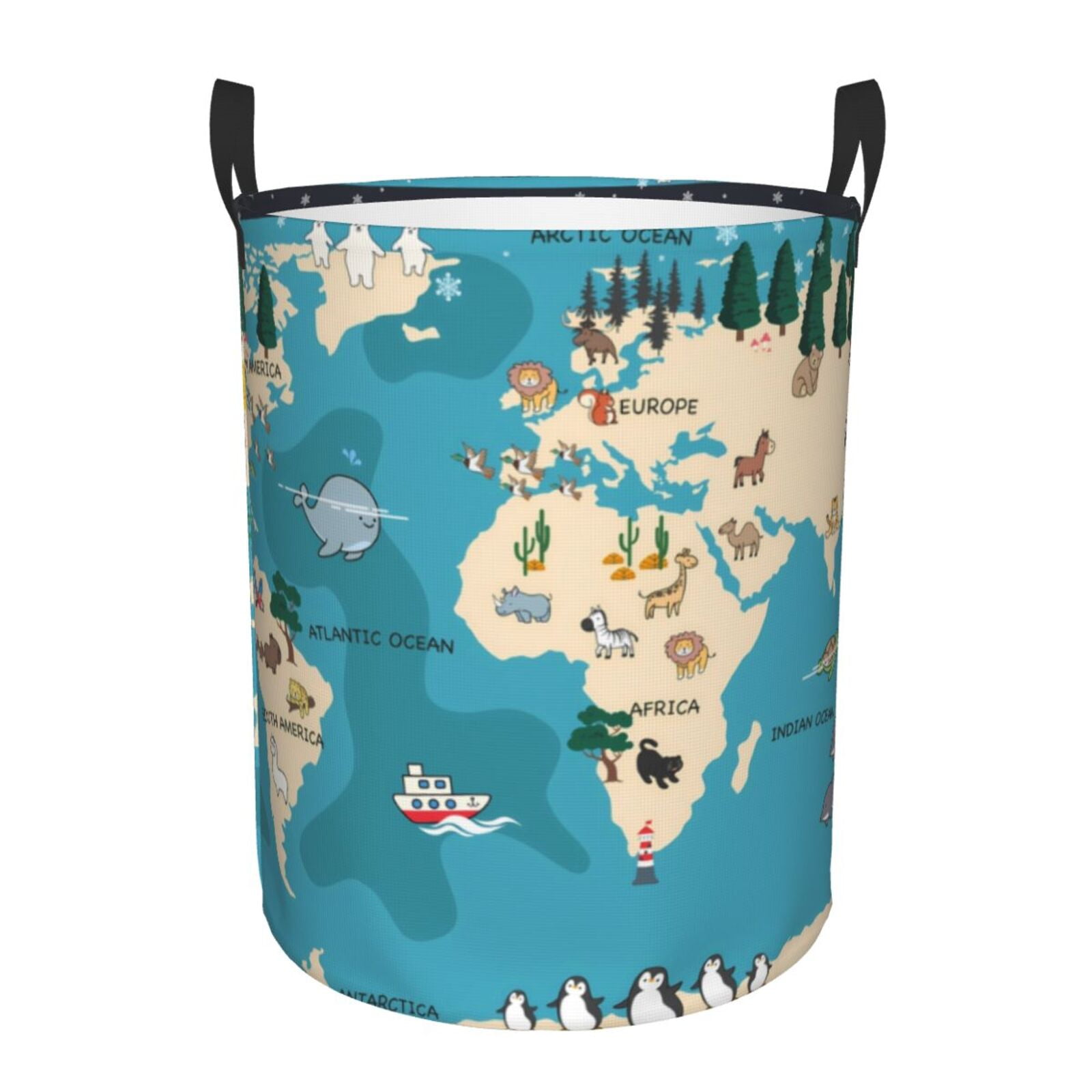 Laundry Basket with Handles - World Map With Animal Freestanding ...