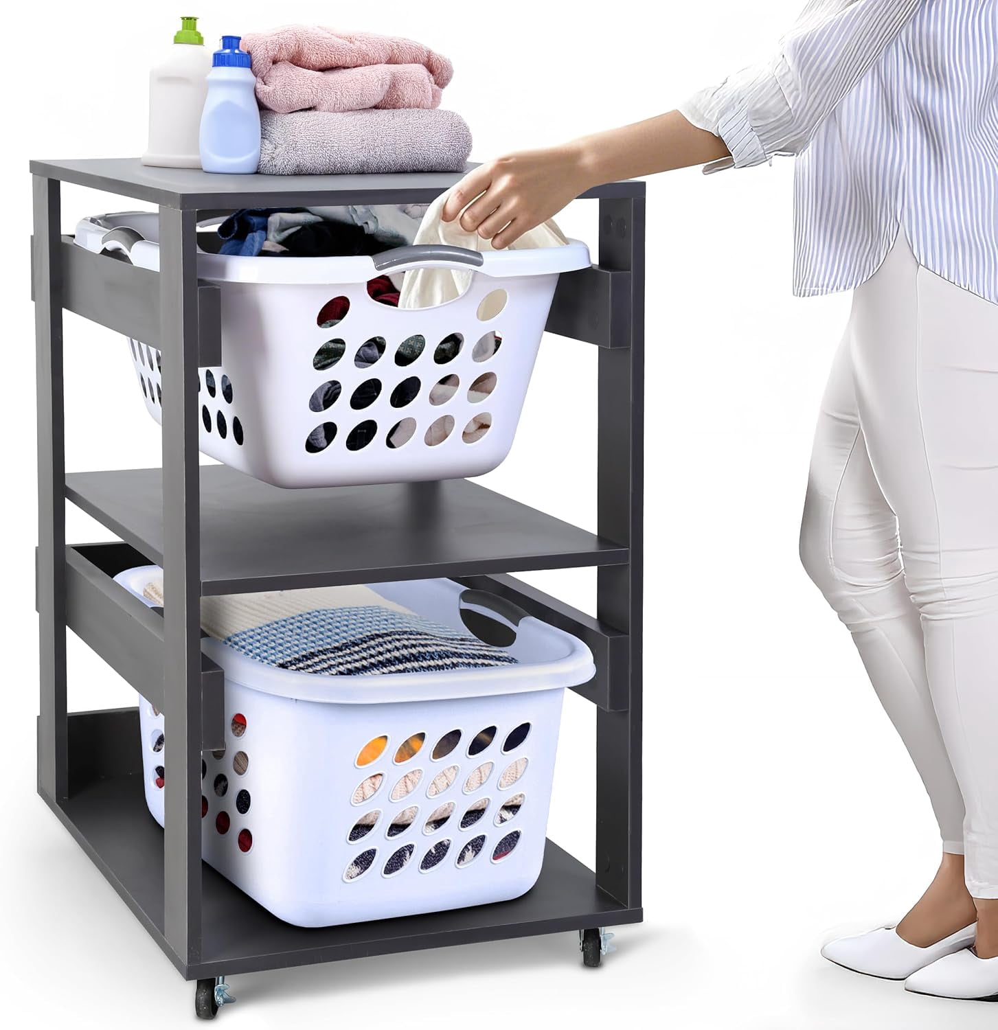 Laundry Basket Holder Shelf (2-Tier) - Stackable Engineered Wood Tower ...