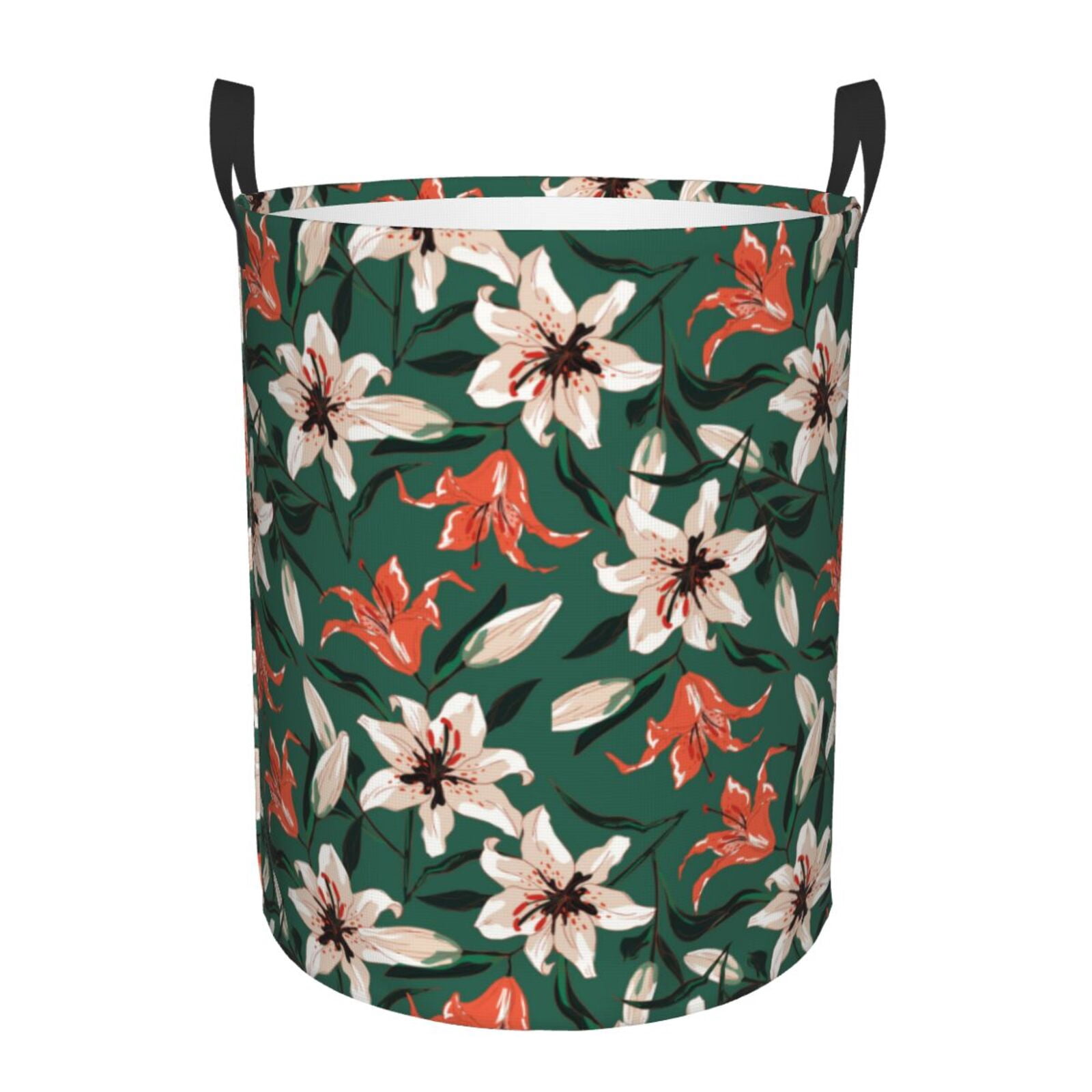 Laundry Basket, Lilies Flowers Green Waterproof Laundry Hamper With ...