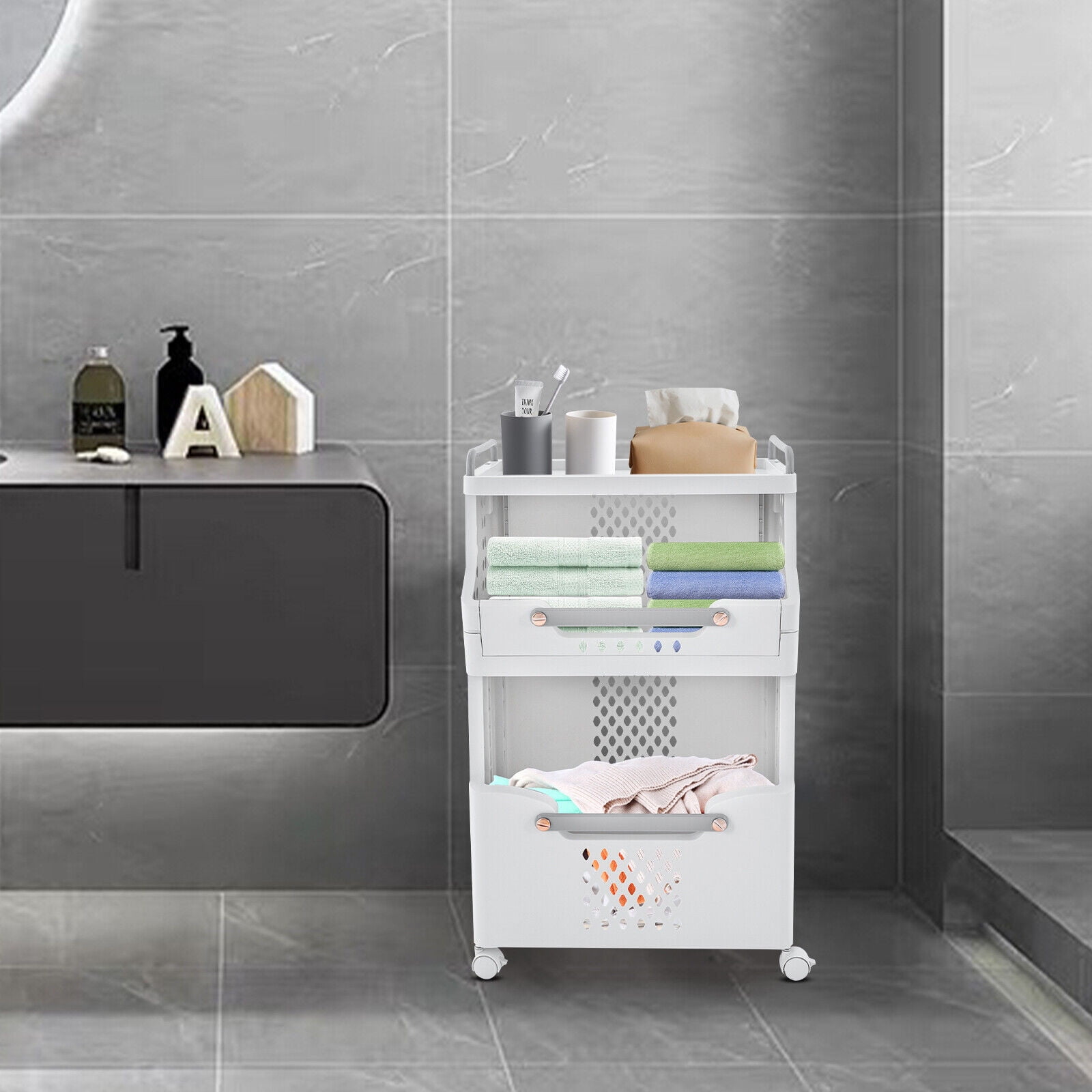 Laundry Basket Rack with Wheels, Mobile Laundry Stackable Basket White ...