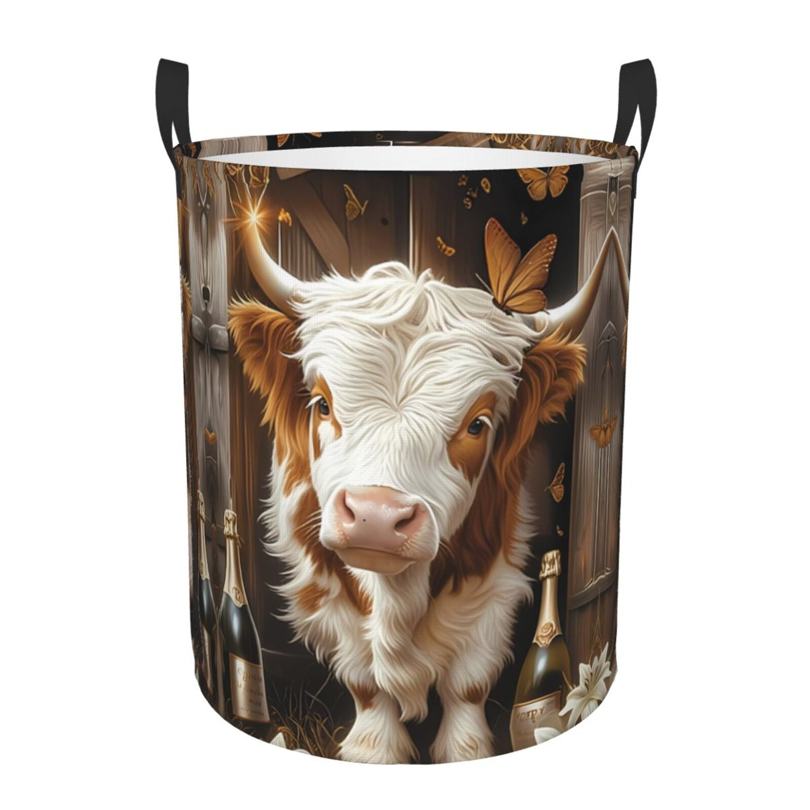 Laundry Basket, Rustic Cow Butterflies Champagne Waterproof Laundry ...