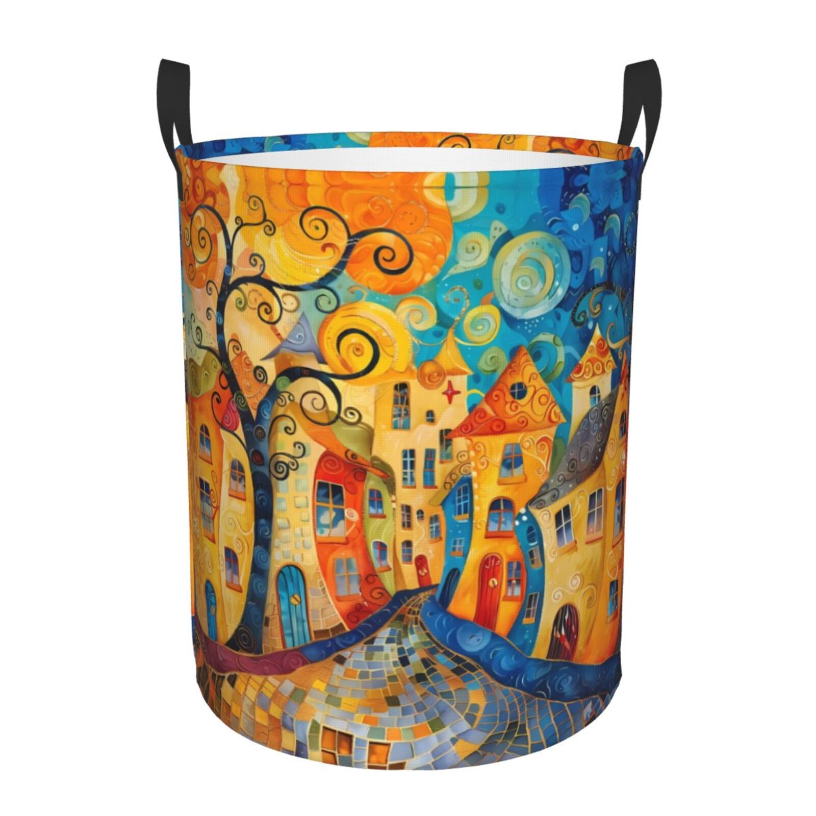 Laundry Basket, Whimsical Colorful Village Scene Laundry Hamper ...
