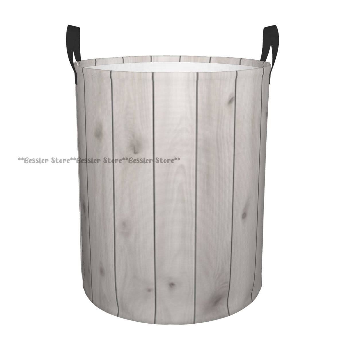 Laundry Basket Wood Texture Round Storage Bin Collapsible Hamper ...