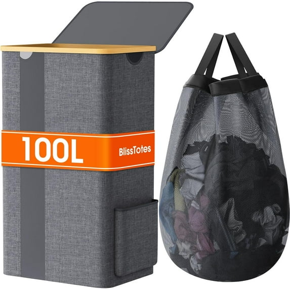 Laundry Basket with Lid, 100L Clothes Hamper Handles and Removable Bag ...