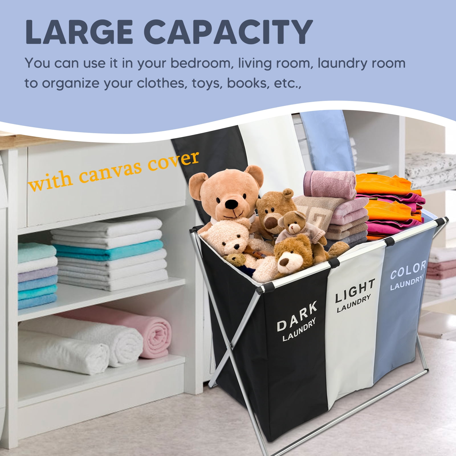Laundry Basket with Lid, Collapsible Large Laundry Hamper 3 Section for ...