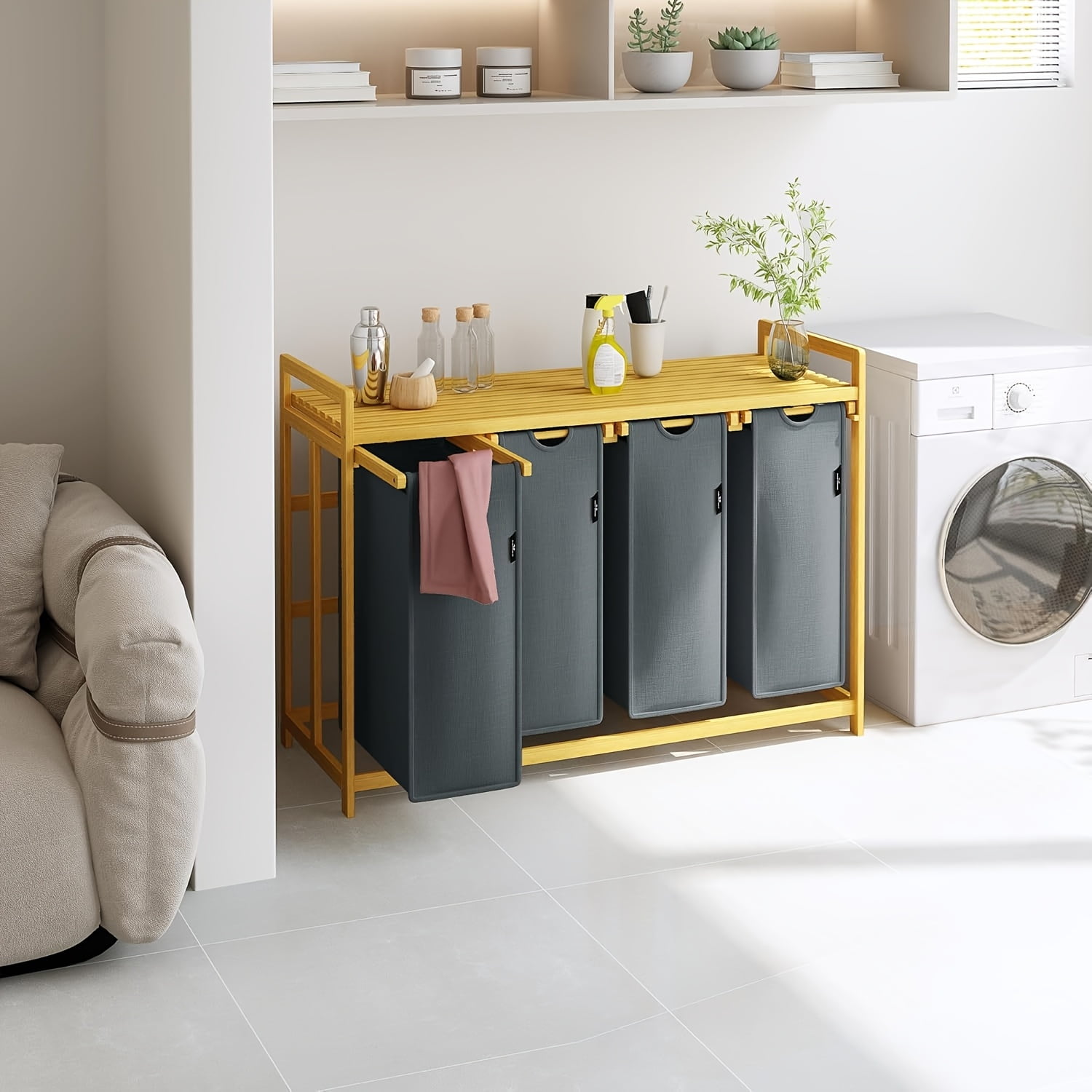 Laundry Baskets, 2 Shelves, Extendable Laundry Bags, Bamboo Laundry ...
