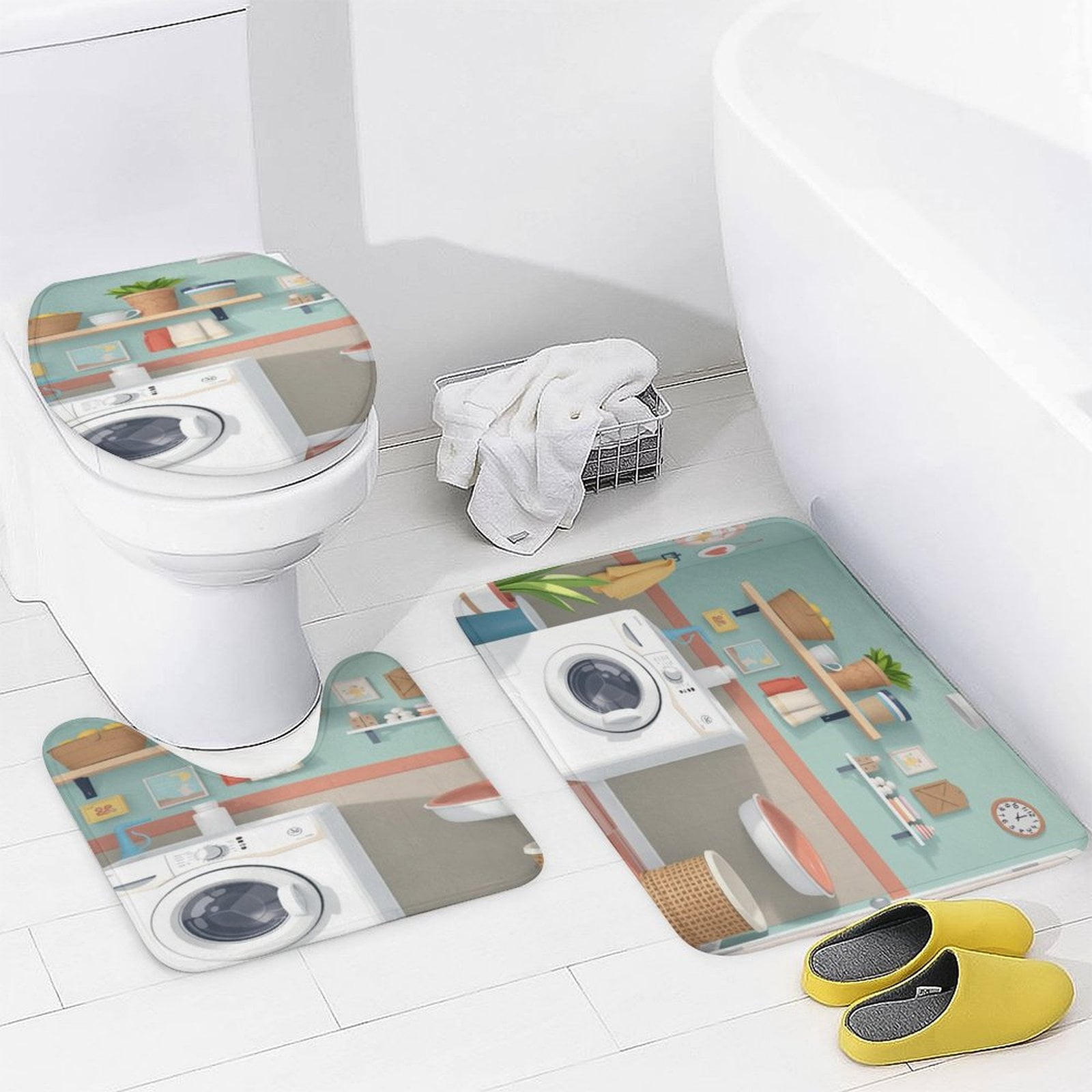 Laundry Bathroom Rugs Set 3 Piece with Non-Slip Bath Rugs Toilet Lid ...