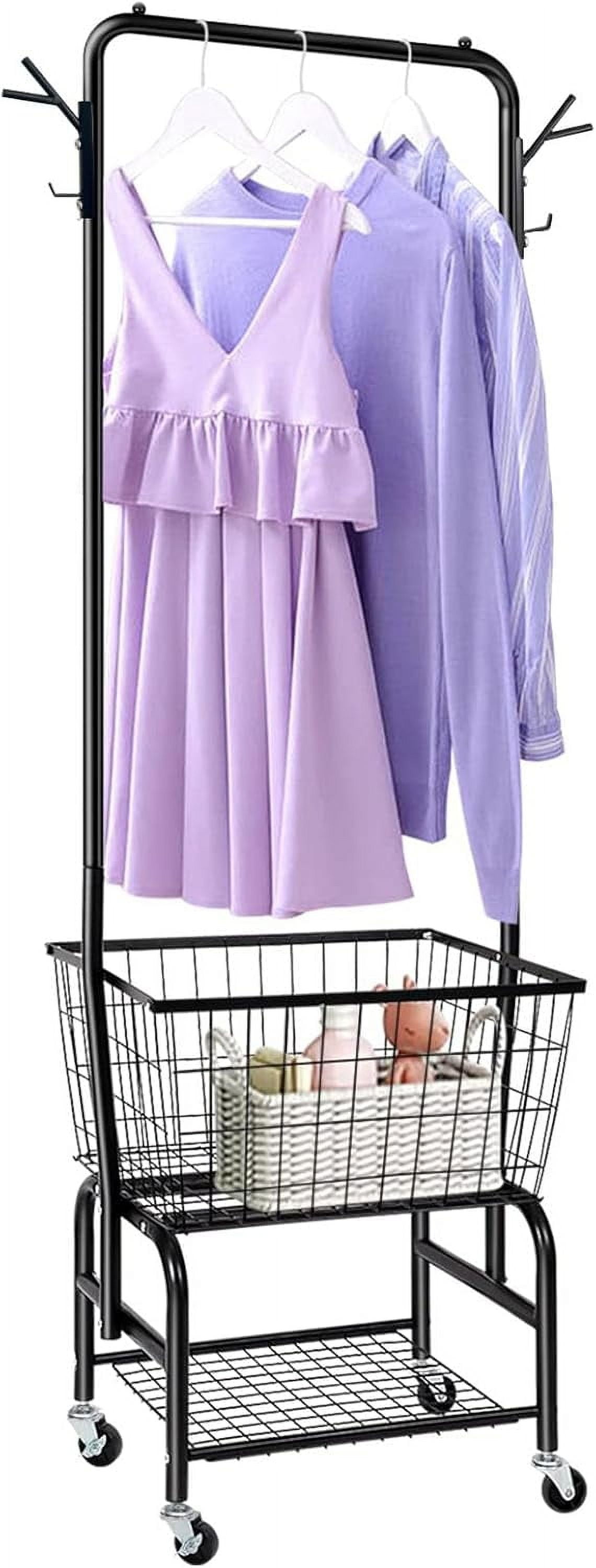 Laundry Cart with Wheels and Hanging Rack, Garment Rack with Storage ...
