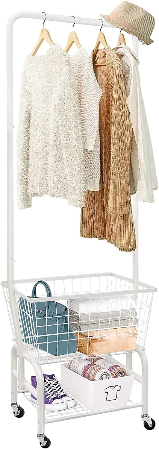 Laundry Cart with Wheels and Hanging Rack, Rolling Laundry Basket with ...