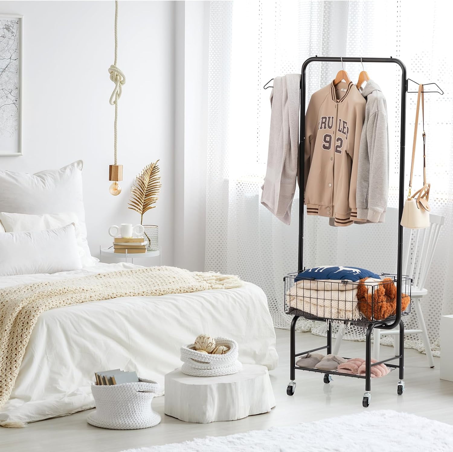 Laundry Cart with Clothes Rack, Cart with Extra Hanging Bar, Rolling ...