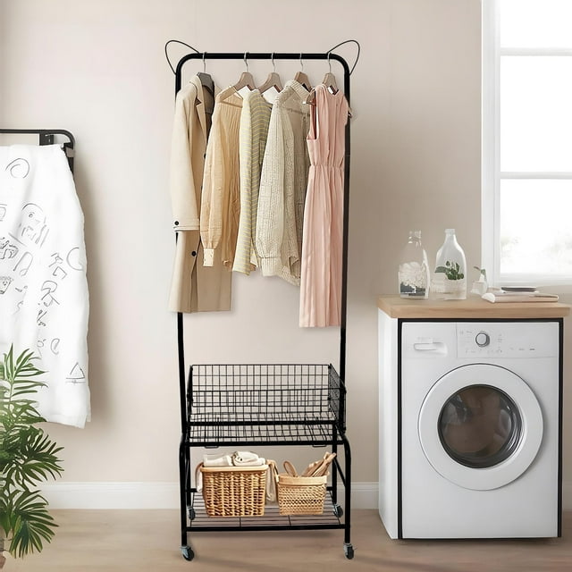 Laundry Cart with Clothes Rack, Rolling Laundry Butler with Hanging ...