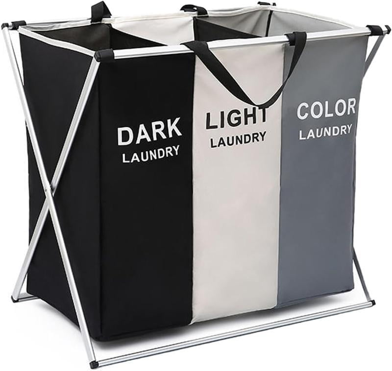 Laundry Cloth Hamper Sorter Basket Bin, Foldable 3 Sections with ...