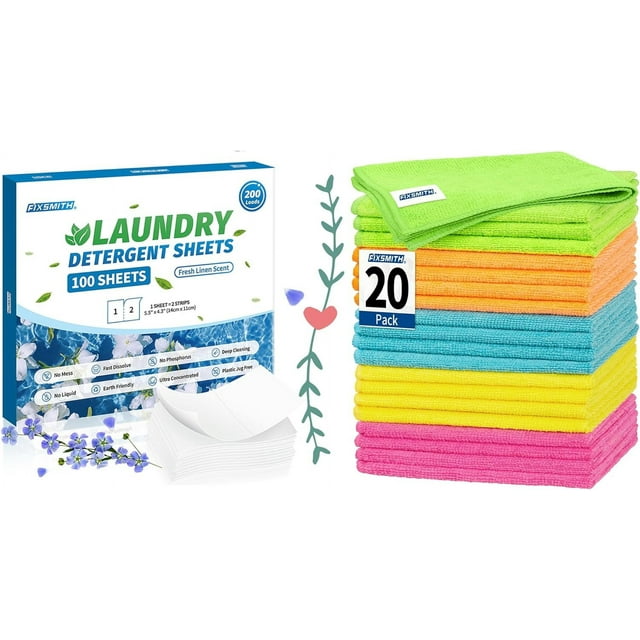 Laundry Detergent Sheets - 200 Loads (100 Sheets) & Microfiber Cleaning ...