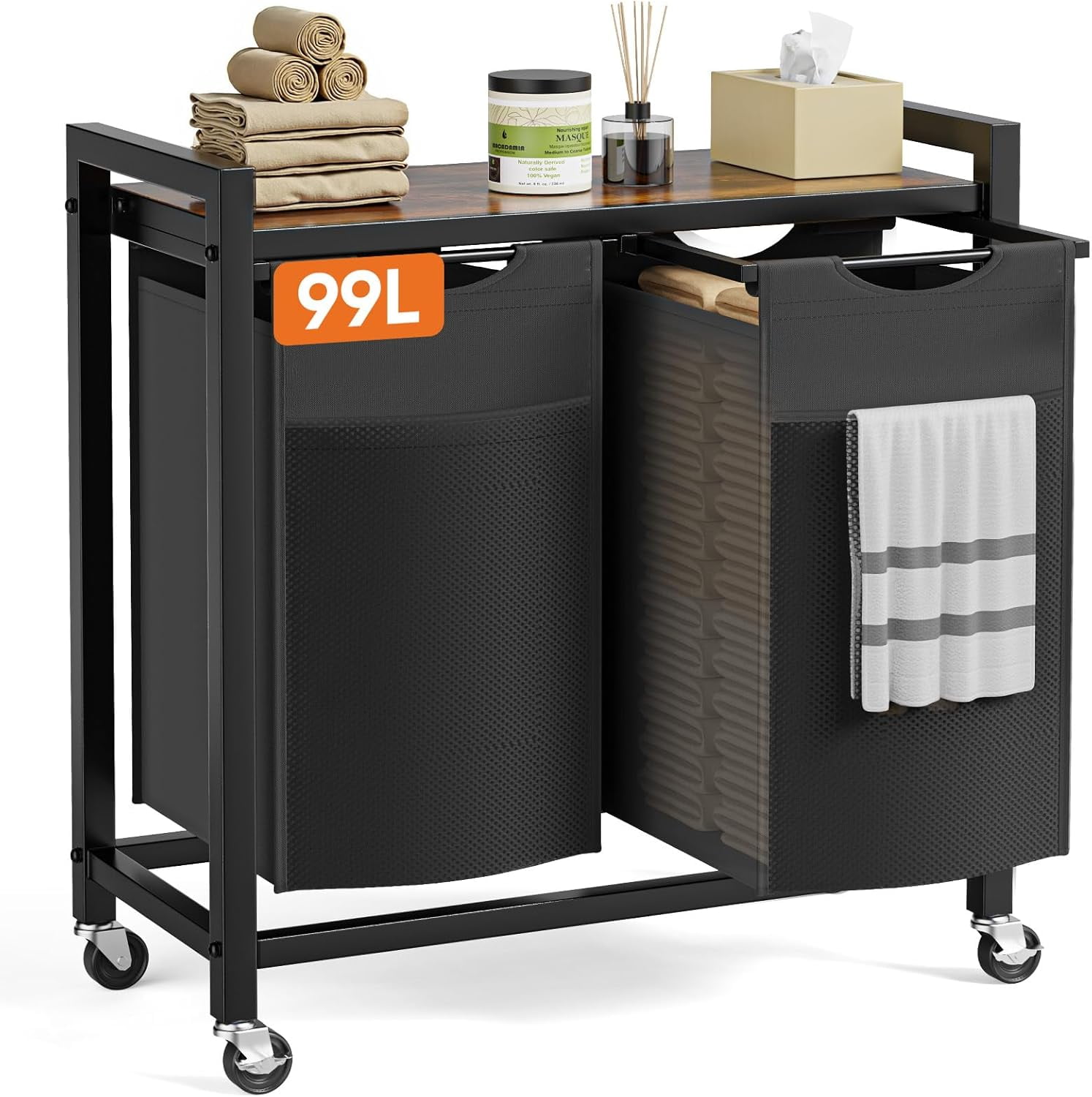 Laundry Hamper with 2 Pull-Out Removable Sorter Bags 2 × 13.1Gal (99L ...