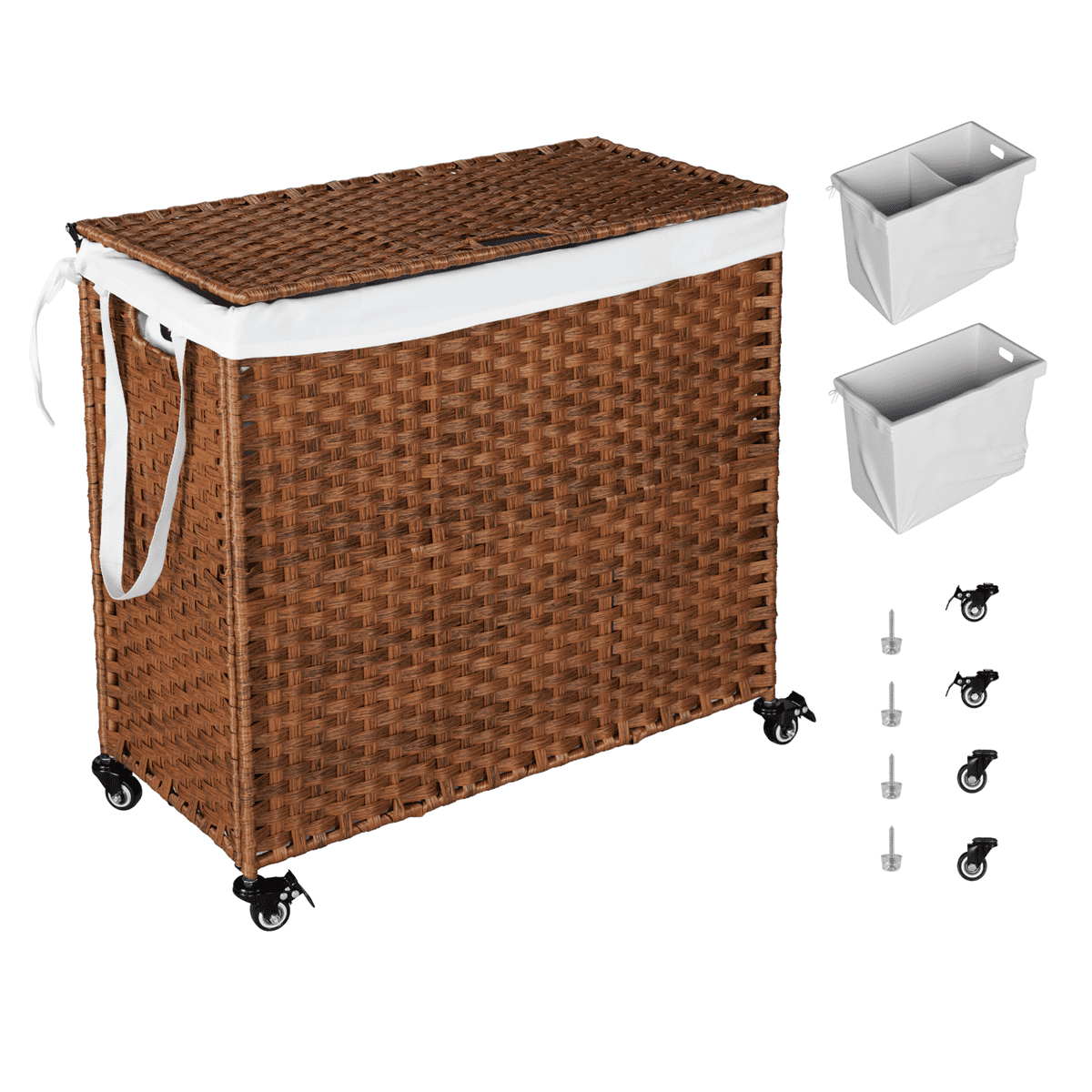 Laundry Hamper with 2 Removable Bags, 160L Rattan Laundry Basket with ...