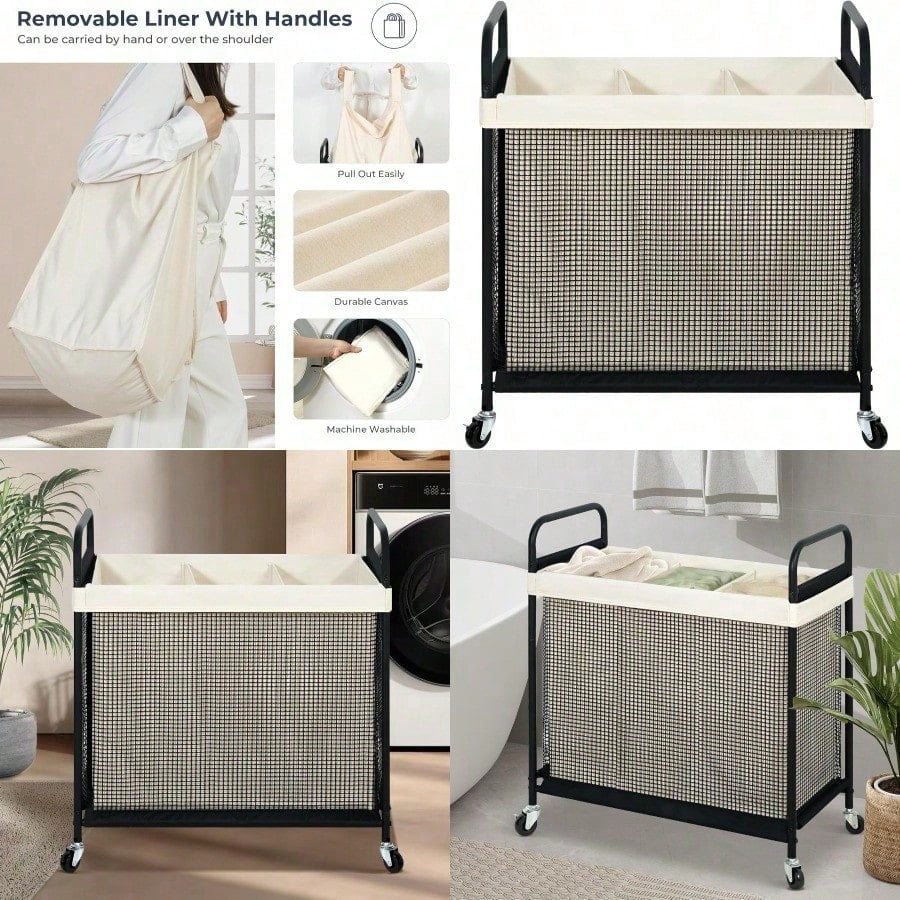 Laundry Hamper 3 Section 120L Rolling Laundry Sorter Cart With ...