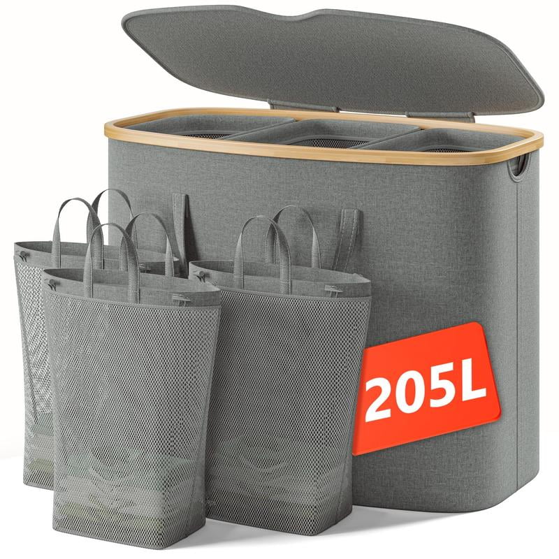 Laundry Hamper 3 Section, 145L Dirty Clothes Hamper with Lid, Extra Large Laundry Basket ...