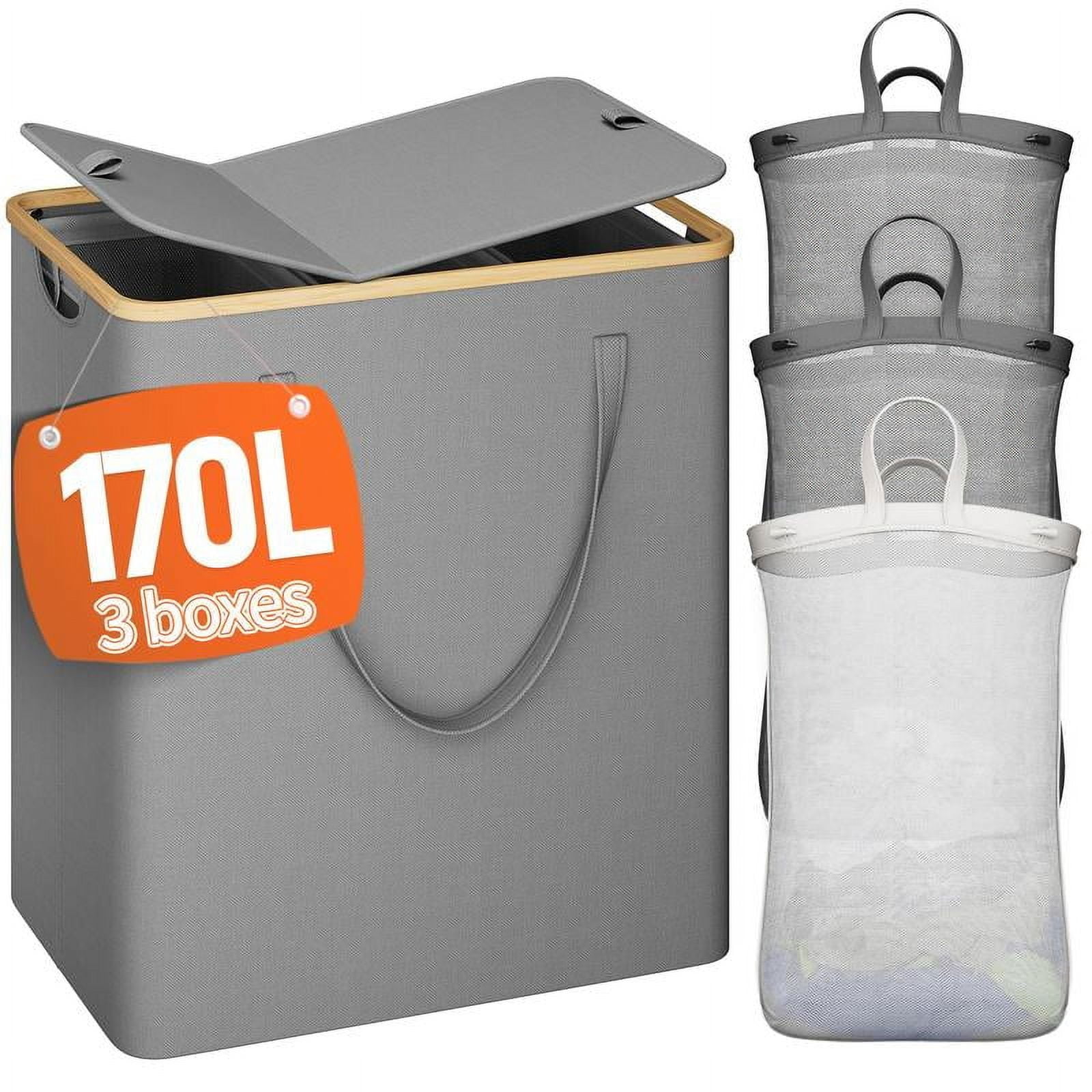 Laundry Hamper 3 Section, 145L Dirty Clothes Hamper with Lid, Extra Large Laundry Basket ...