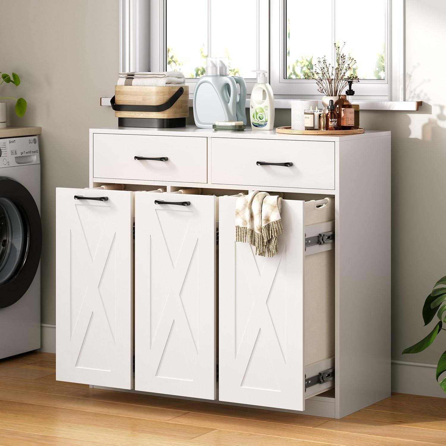 Laundry Hamper Cabinet with Pull-Out Bags, 2 Drawers & Top Shelf ...