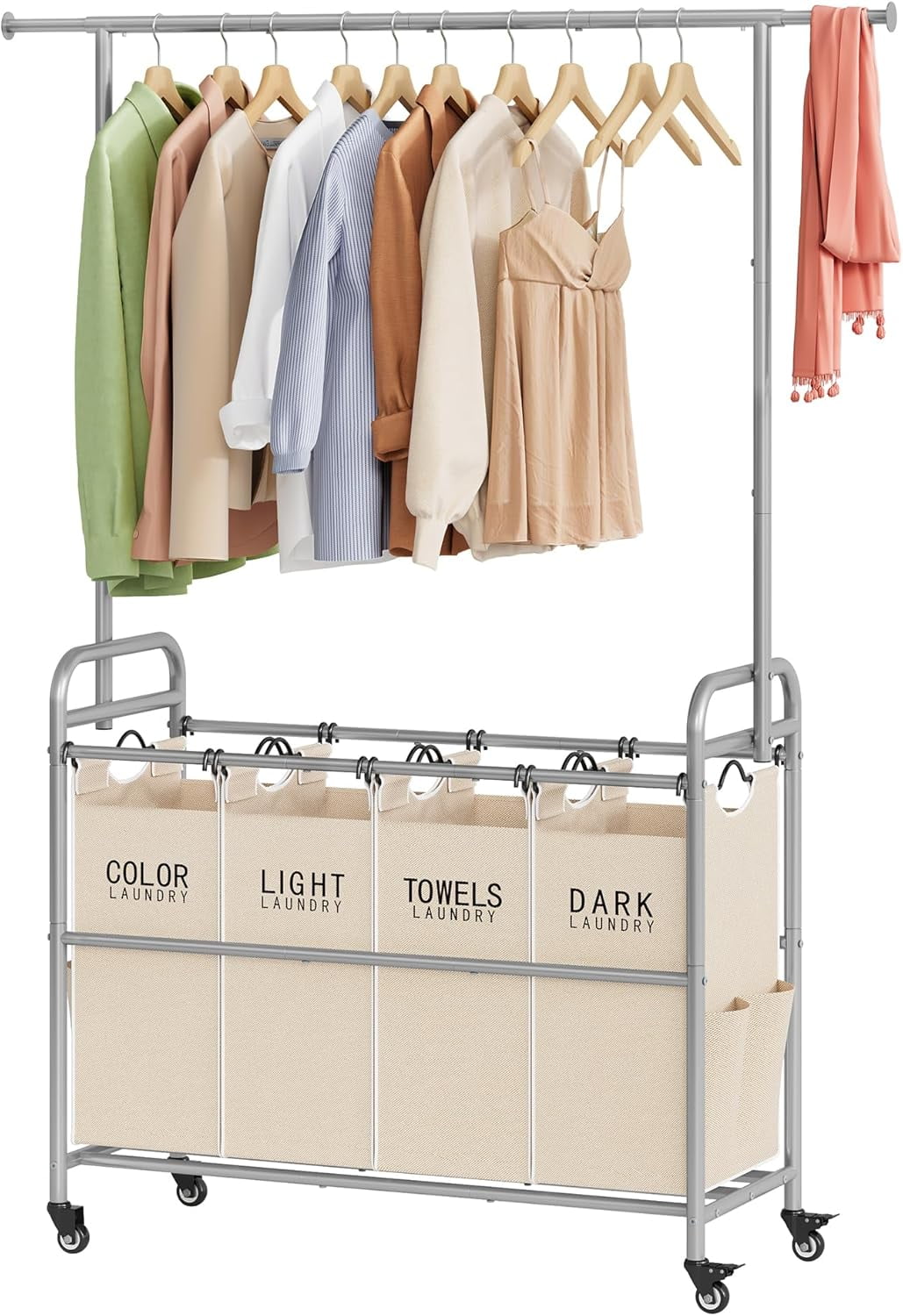 Laundry Hamper with Hanging Rack, Laundry Sorter 4 Sections, Laundry ...