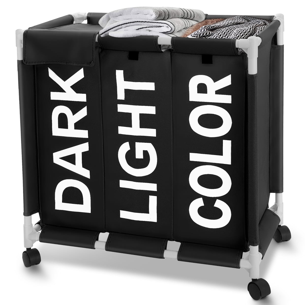 ZPL 3-Section Laundry Sorter Hamper with Lids & Wheels, Clothes and ...