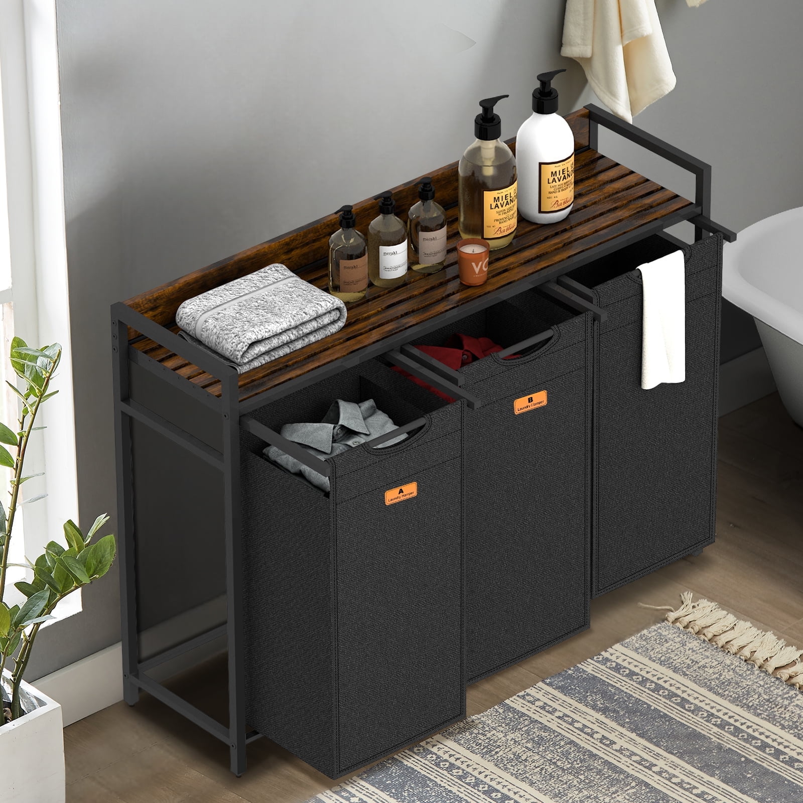 Laundry Hamper, Laundry Clothes Sorter with 3 Pull-Out Bags and Shelf ...