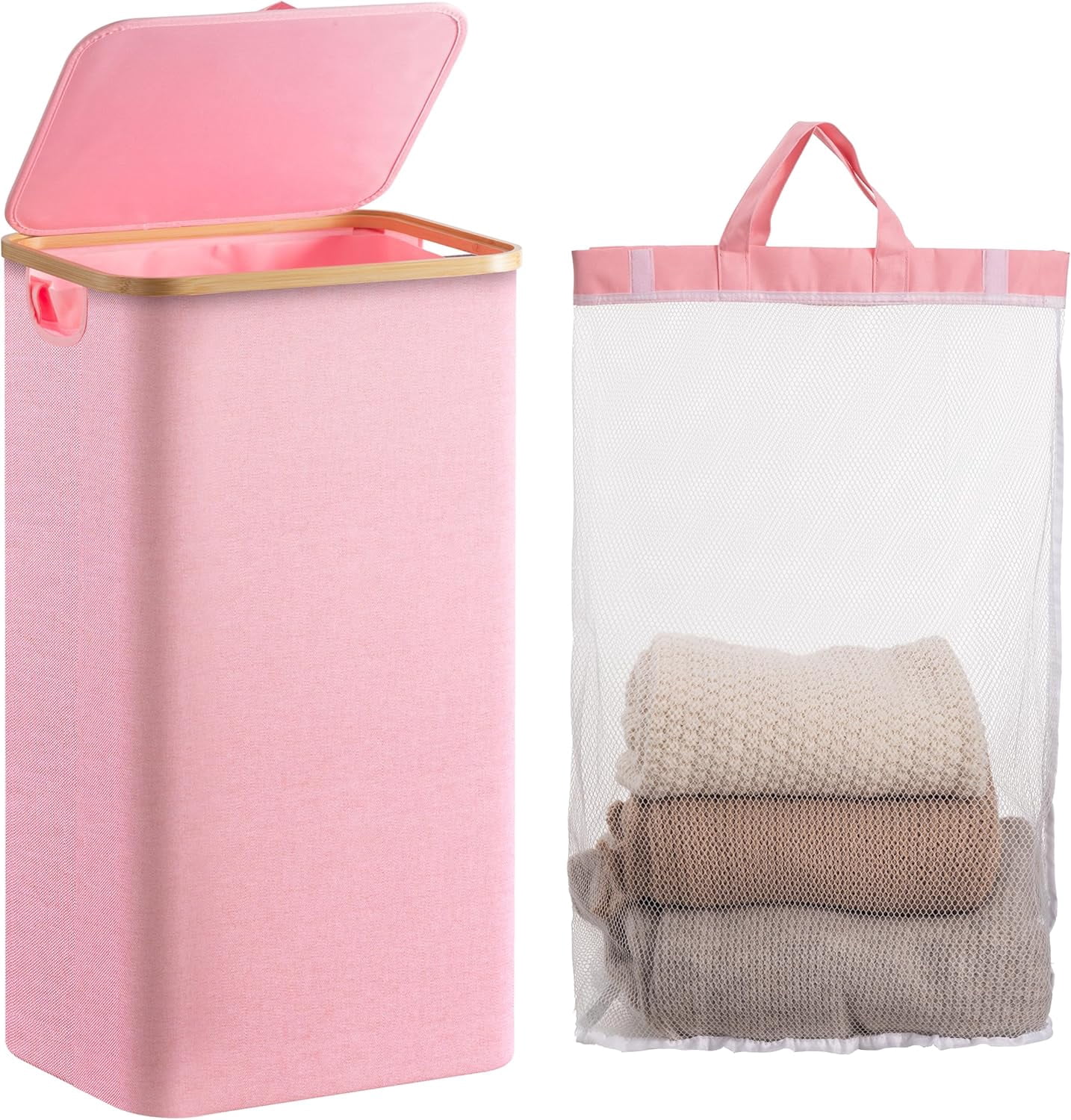 Laundry Hamper with Lid, 100L Large Laundry Basket with Bamboo Handles ...