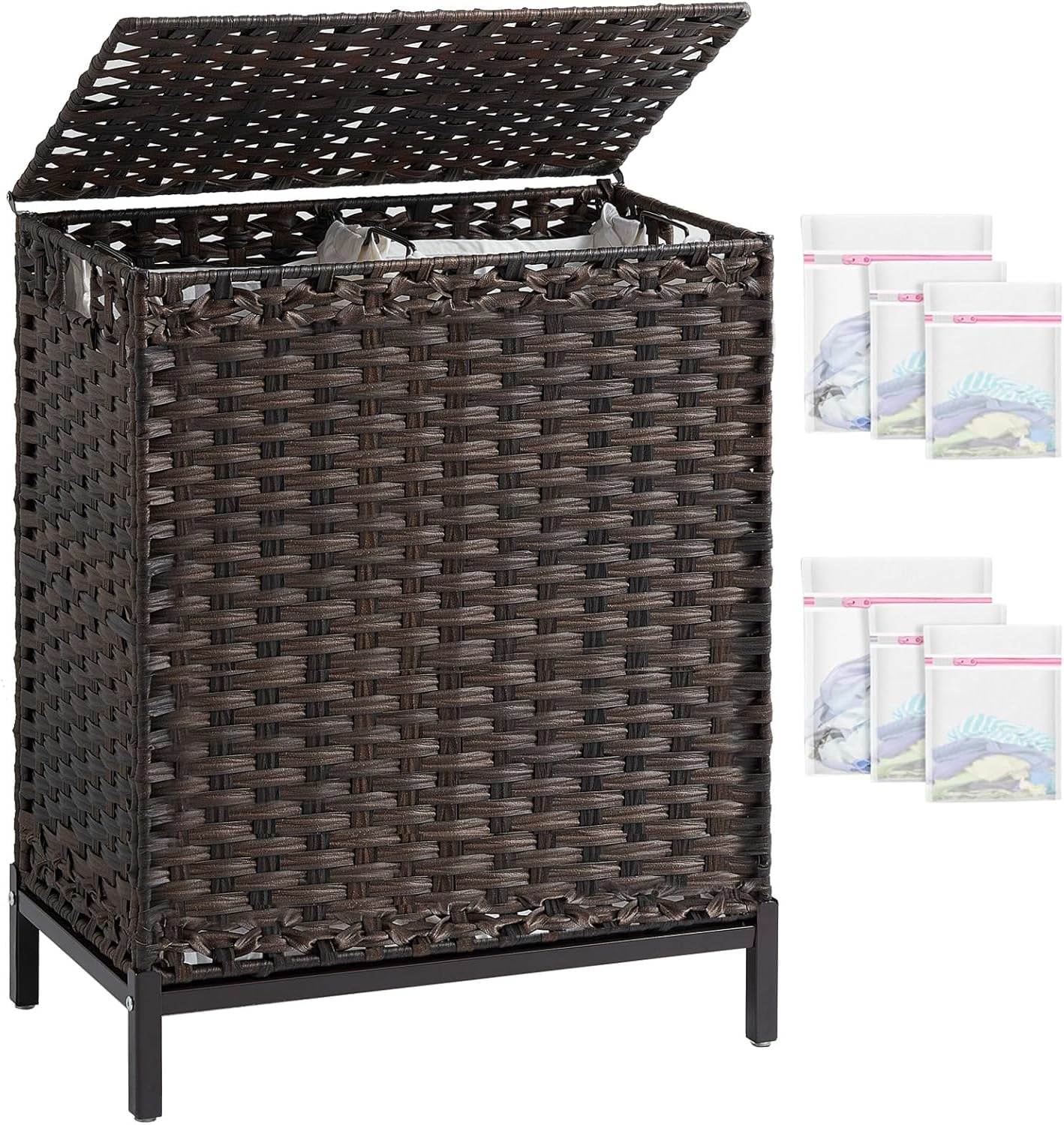 Laundry Hamper with Lid, 112 L Handwoven Rattan Wicker Laundry Basket, 2 Removable Liner Bags ...