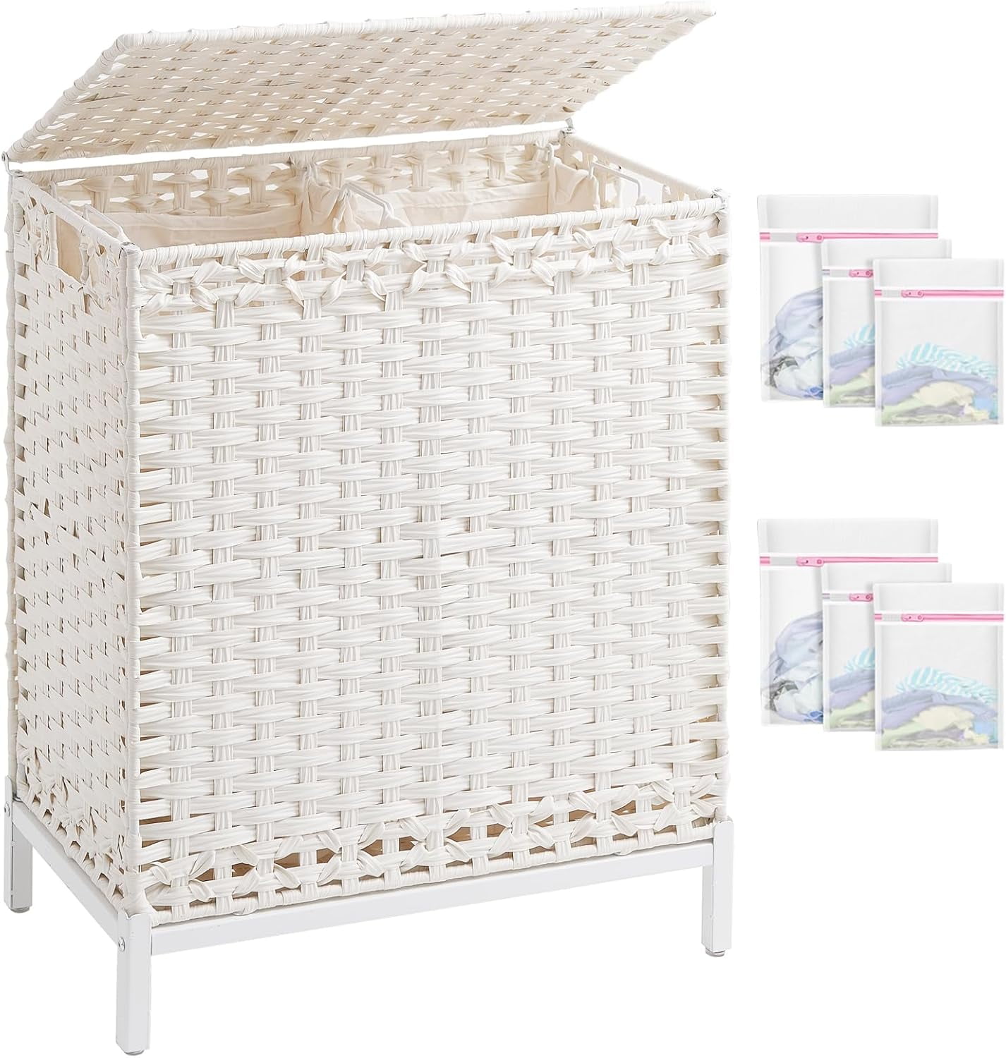 Laundry Hamper with Lid, 112 L Handwoven Rattan Wicker Laundry Basket, 2 Removable Liner Bags ...