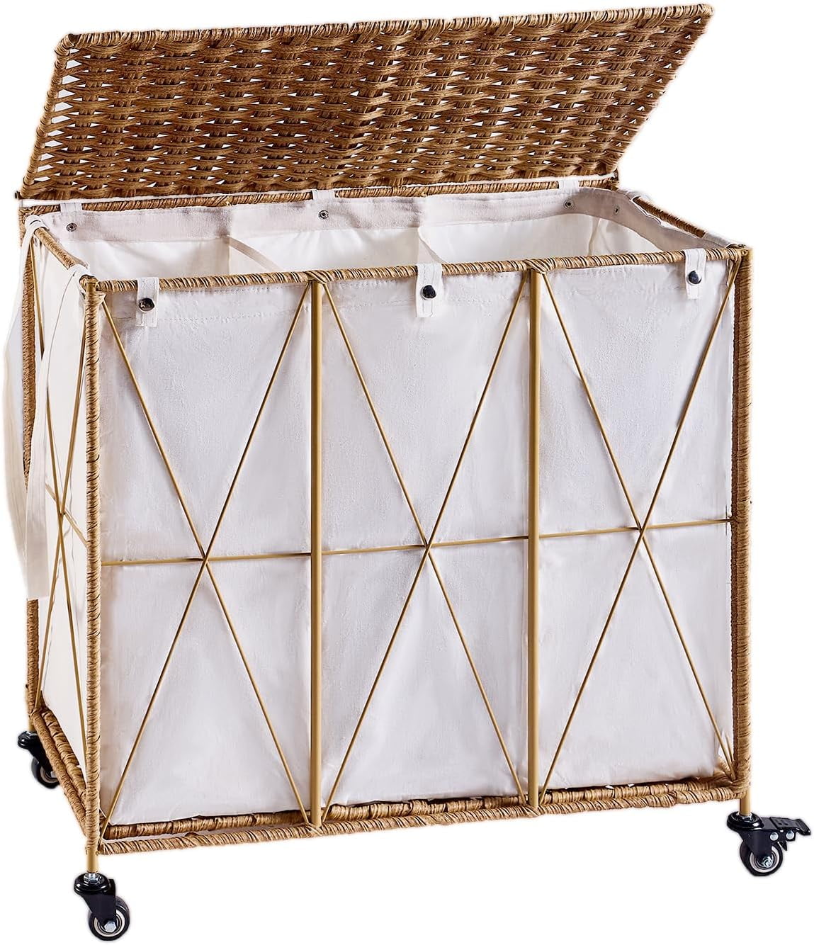 Laundry Hamper with Lid, 150L Wicker Rolling Laundry Basket with Wheels ...