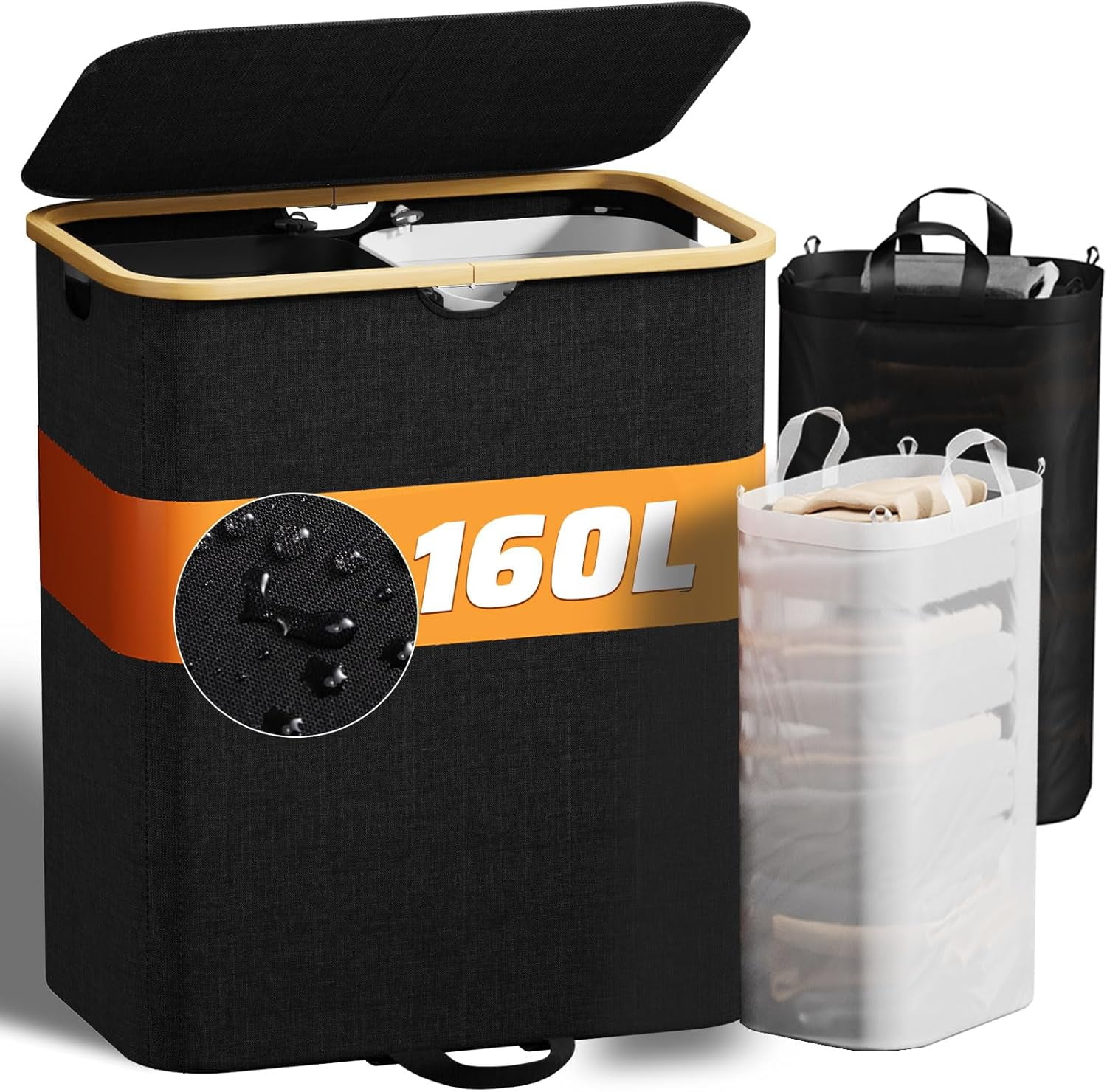 Laundry Hamper with Lid, 160L Black Laundry Hamper 2 Section Dirty ...