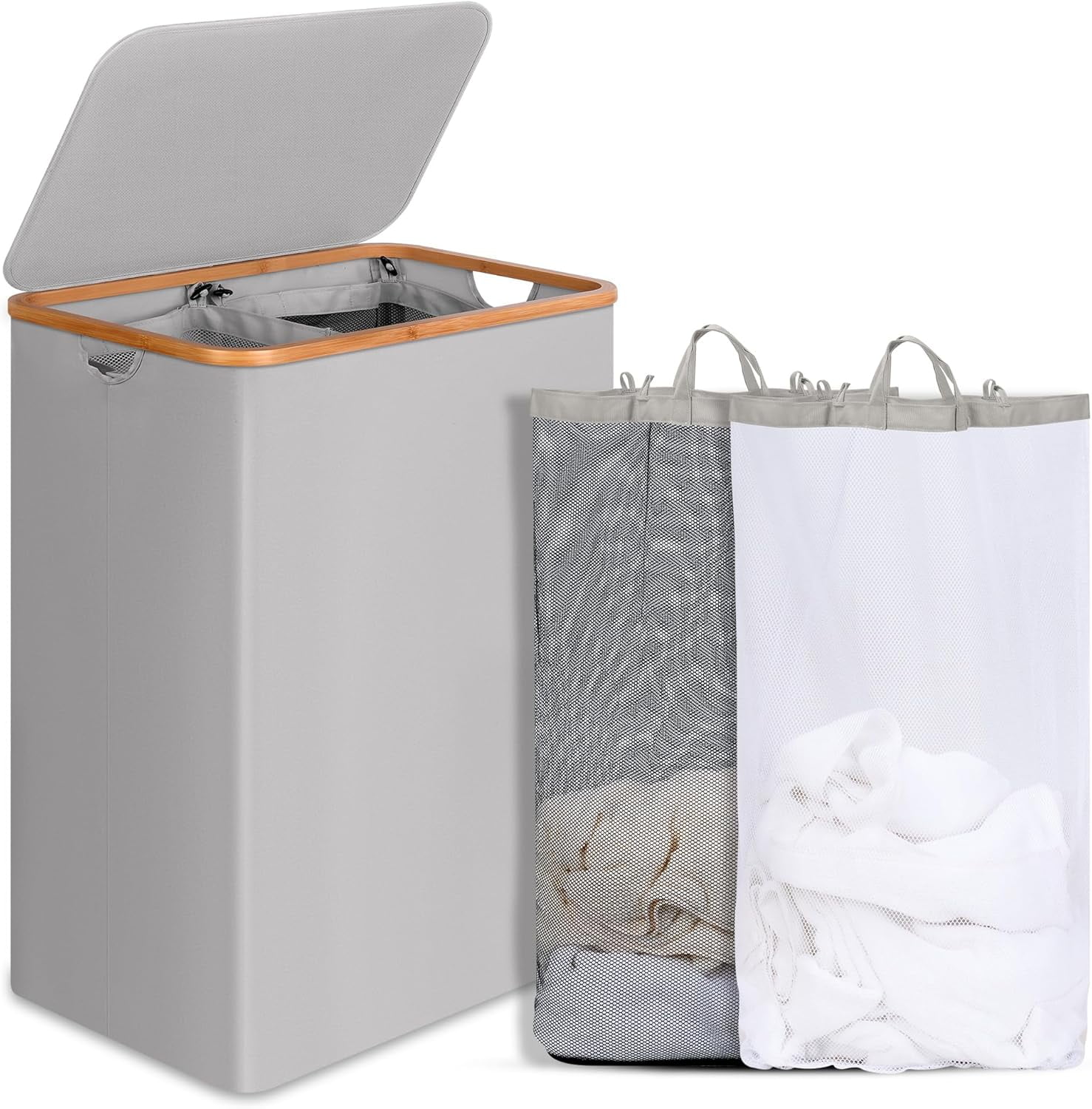 Laundry Hamper with Lid, 160L Tall Laundry Basket with Bamboo Handles ...