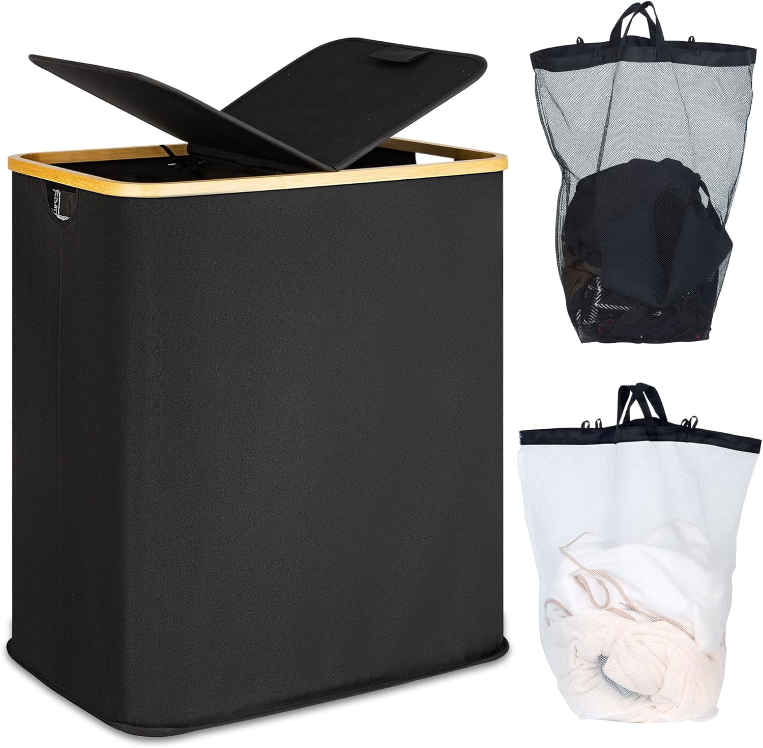 Laundry Hamper with Lid, Double Laundry Hamper with 2 Removable Bags, 2 ...