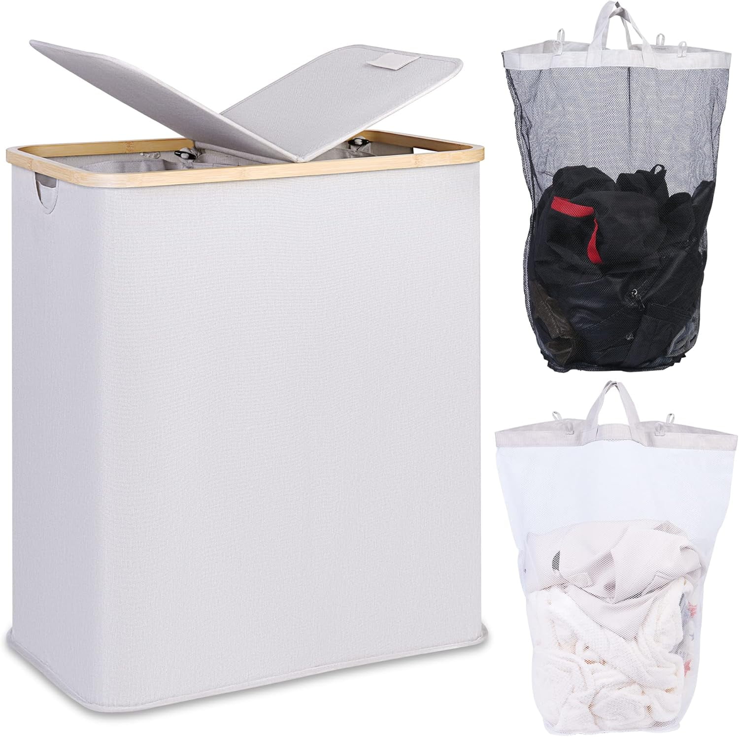 Laundry Hamper with Lid, Double Laundry Hamper with 2 Removable Bags, 2 ...