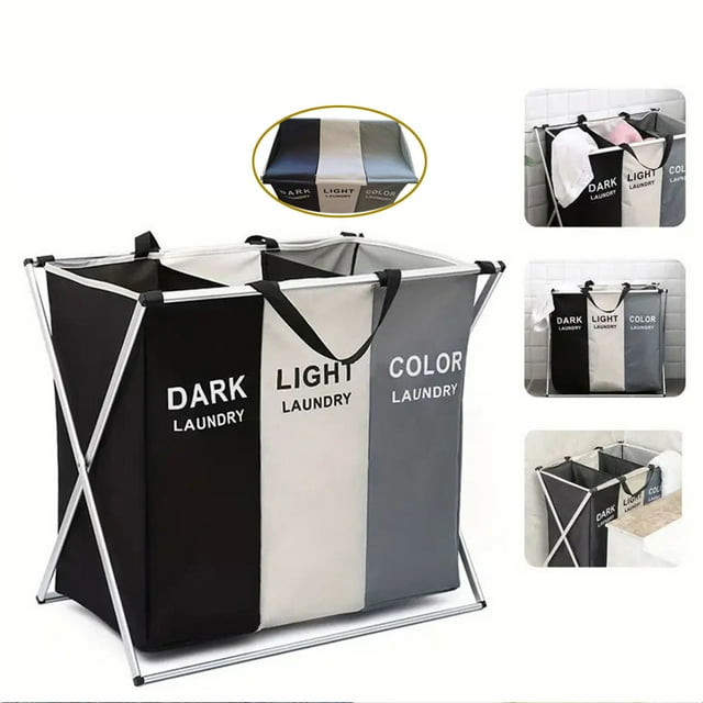 135L Foldable Laundry Hamper, 3 Sections, Waterproof, for Bathroom ...