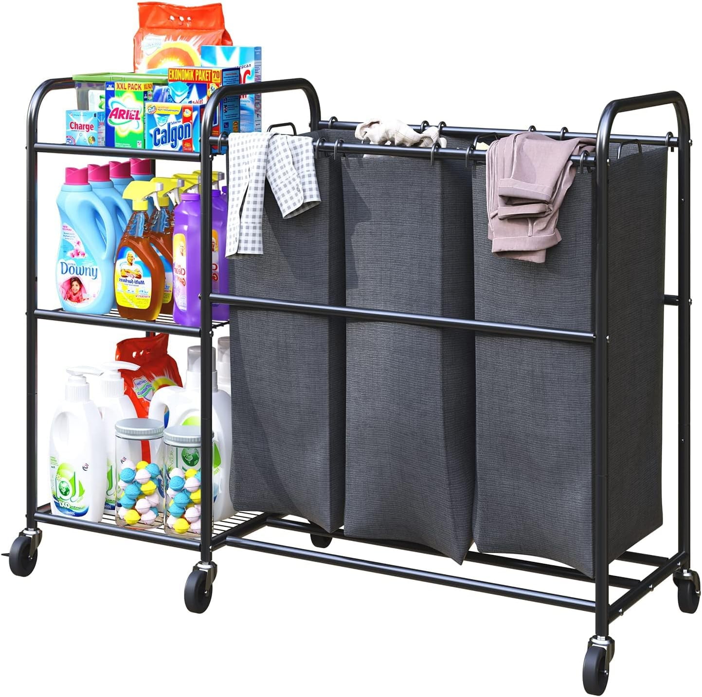 Laundry Hamper Sorter Cart with Storage Shelf and Rolling Wheels, 3 Bag ...
