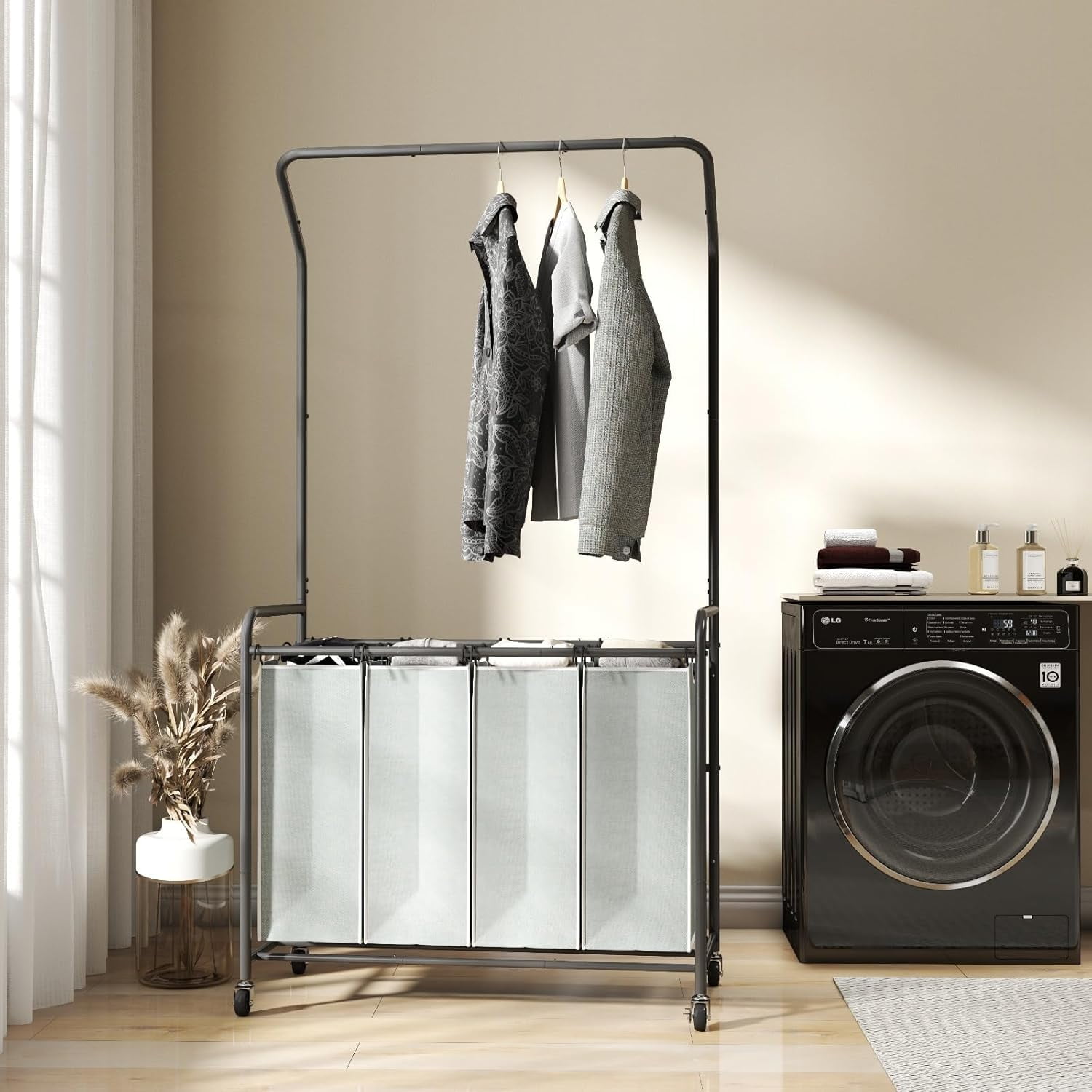 Laundry Hamper Sorter with Hanging Bar: 4 Section Rolling Laundry ...