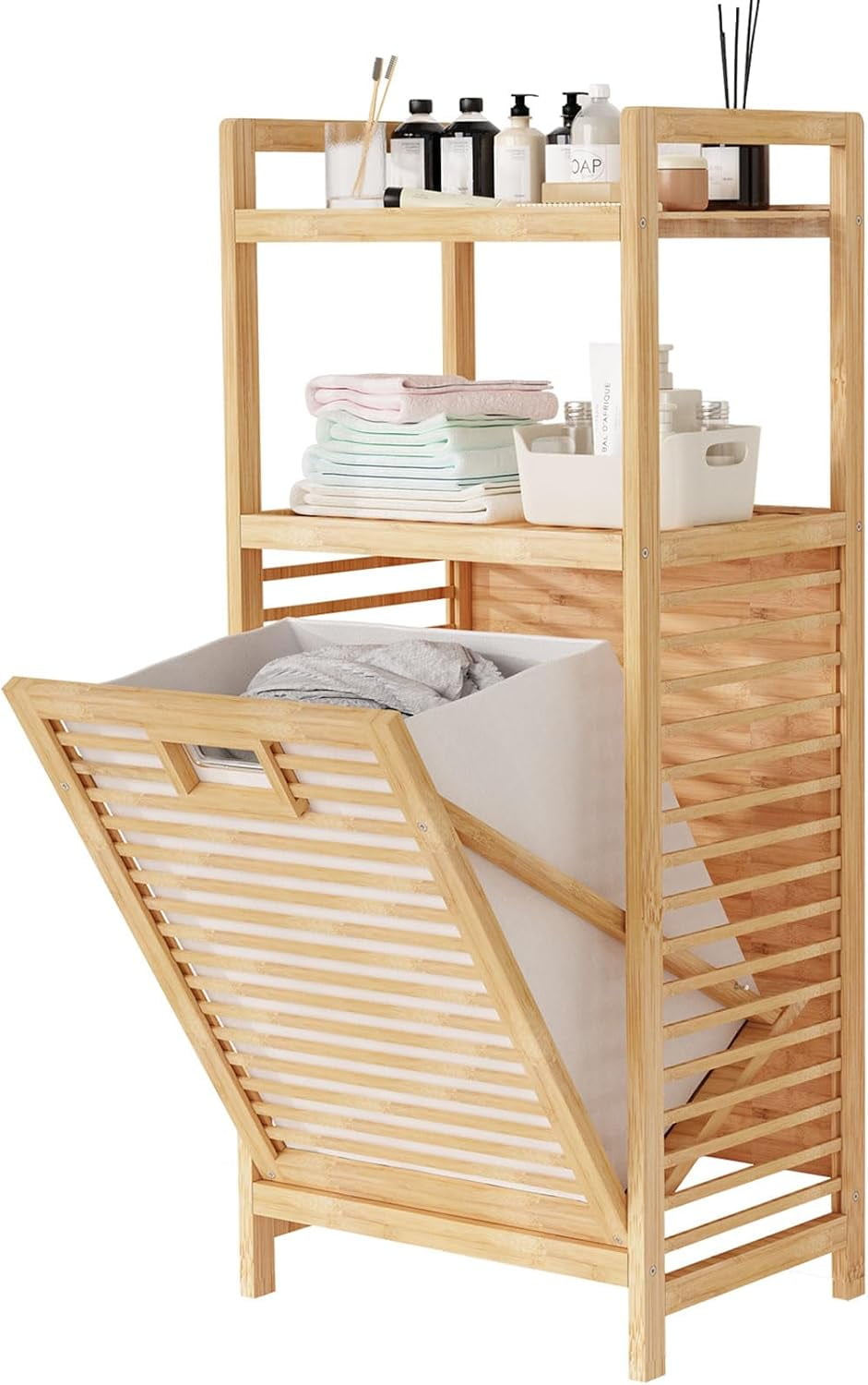 Laundry Hamper Tilt-Out Laundry Linen Hamper Bamboo, 2 storage shelves ...