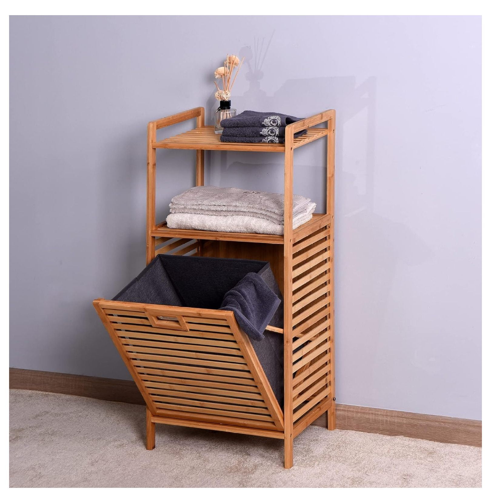 Laundry Hamper Tilt-Out Laundry Linen Hamper Bamboo Freestanding ...